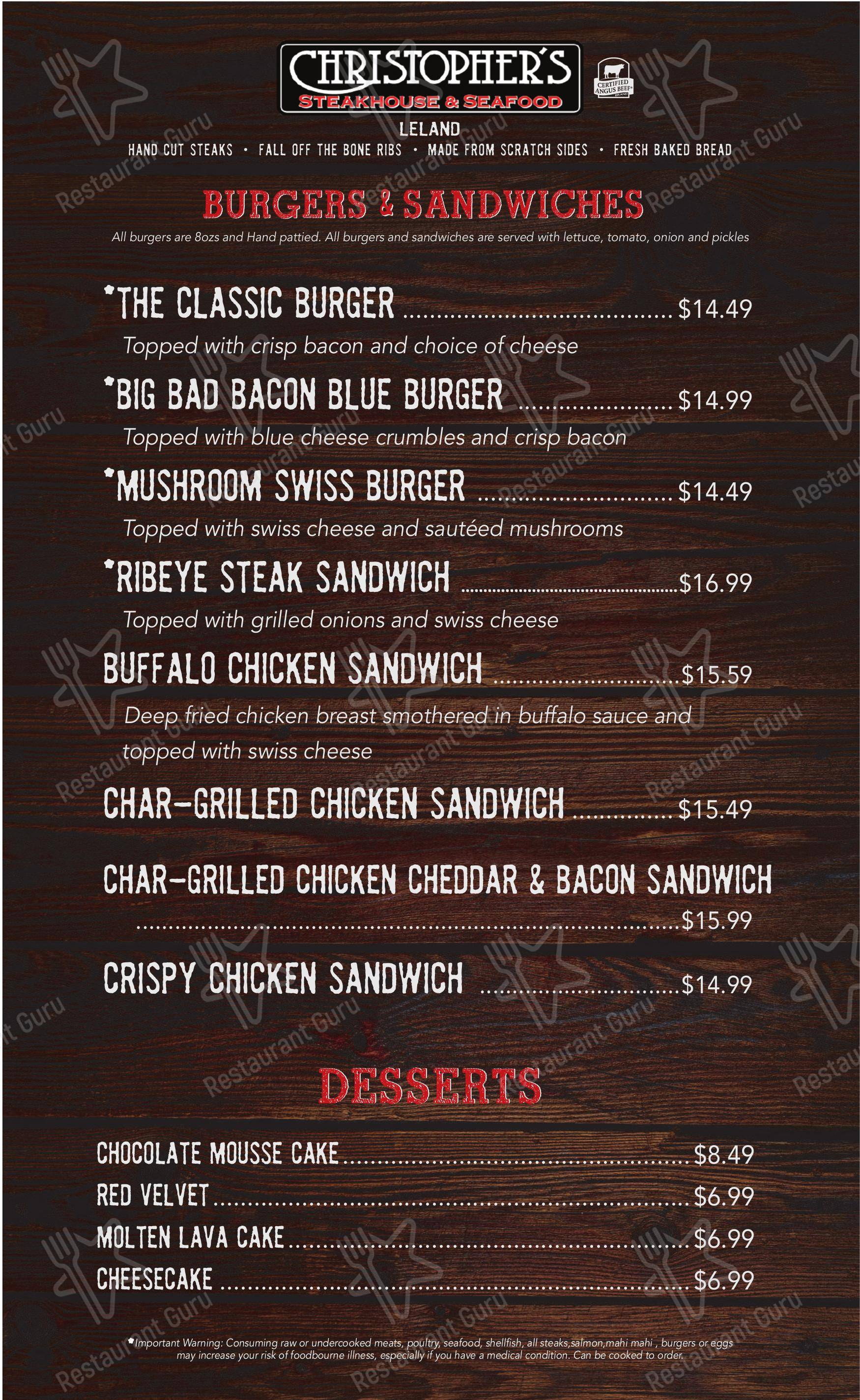 Menu at Christopher's Steakhouse & Seafood, Elizabethtown
