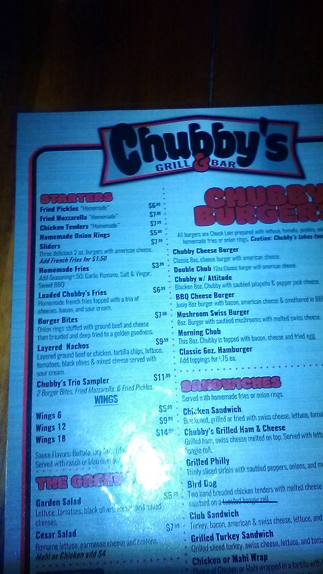 Menu at Chubby's Grill & Bar, Panama City Beach