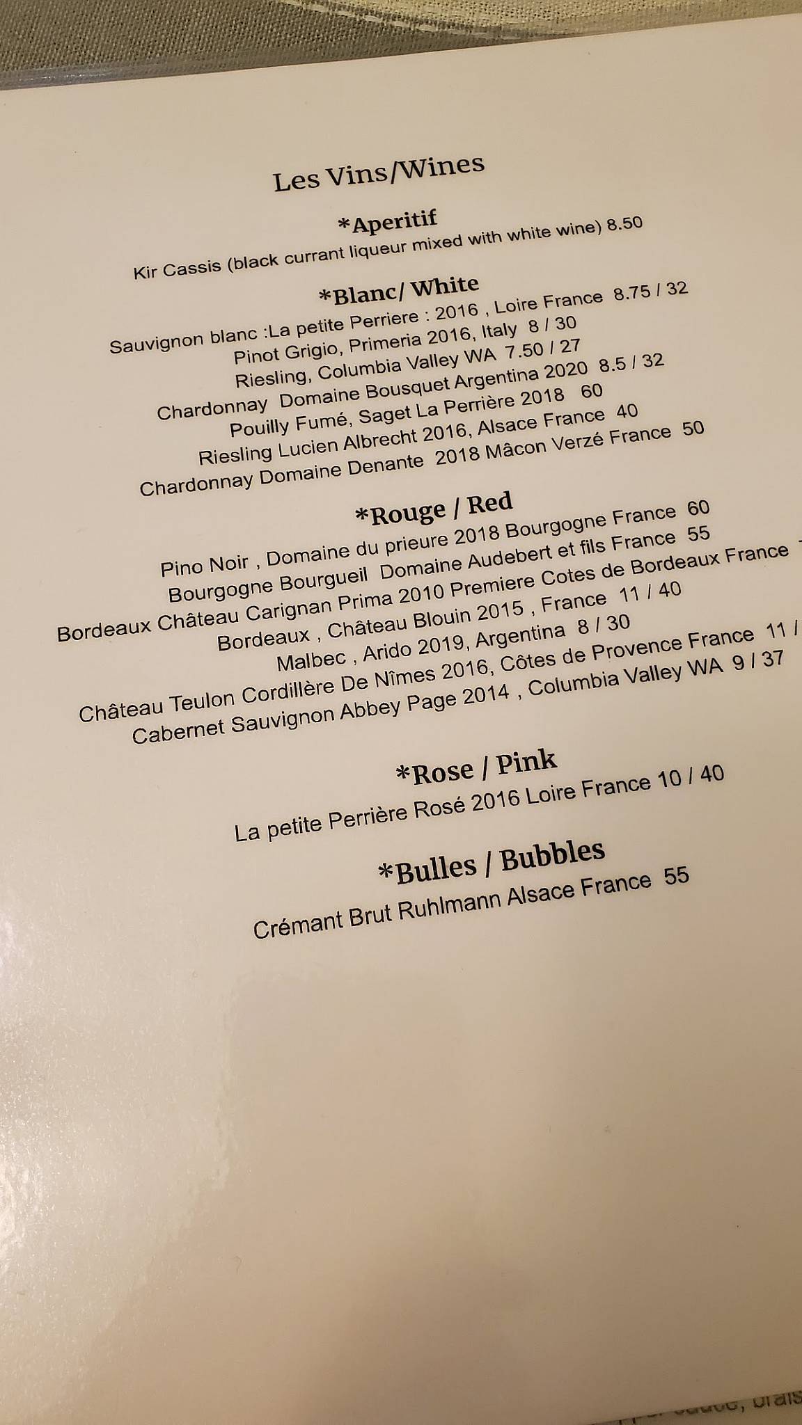 Menu at Citron European Bistro restaurant, Tacoma
