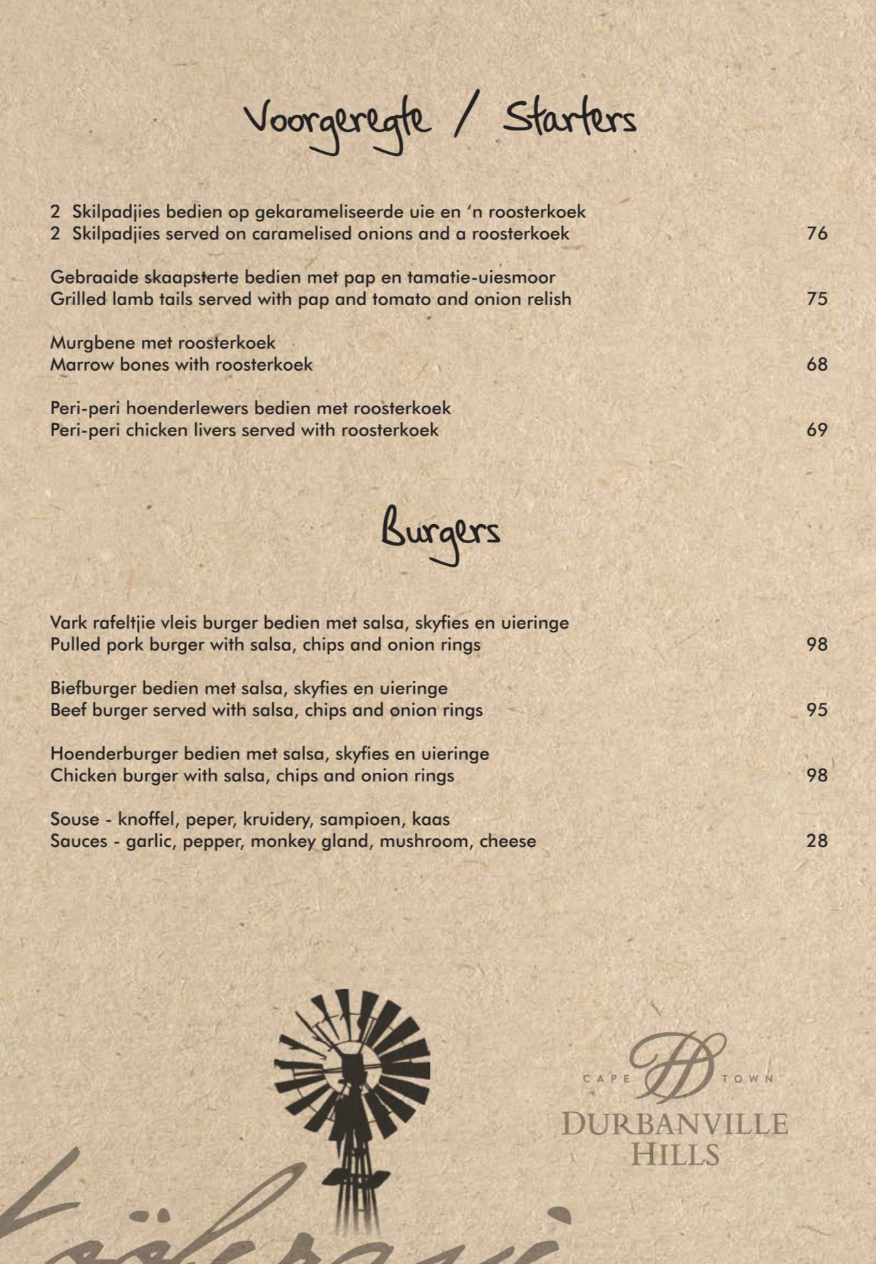 Menu at Clarens Kooperasie restaurant, Clarens