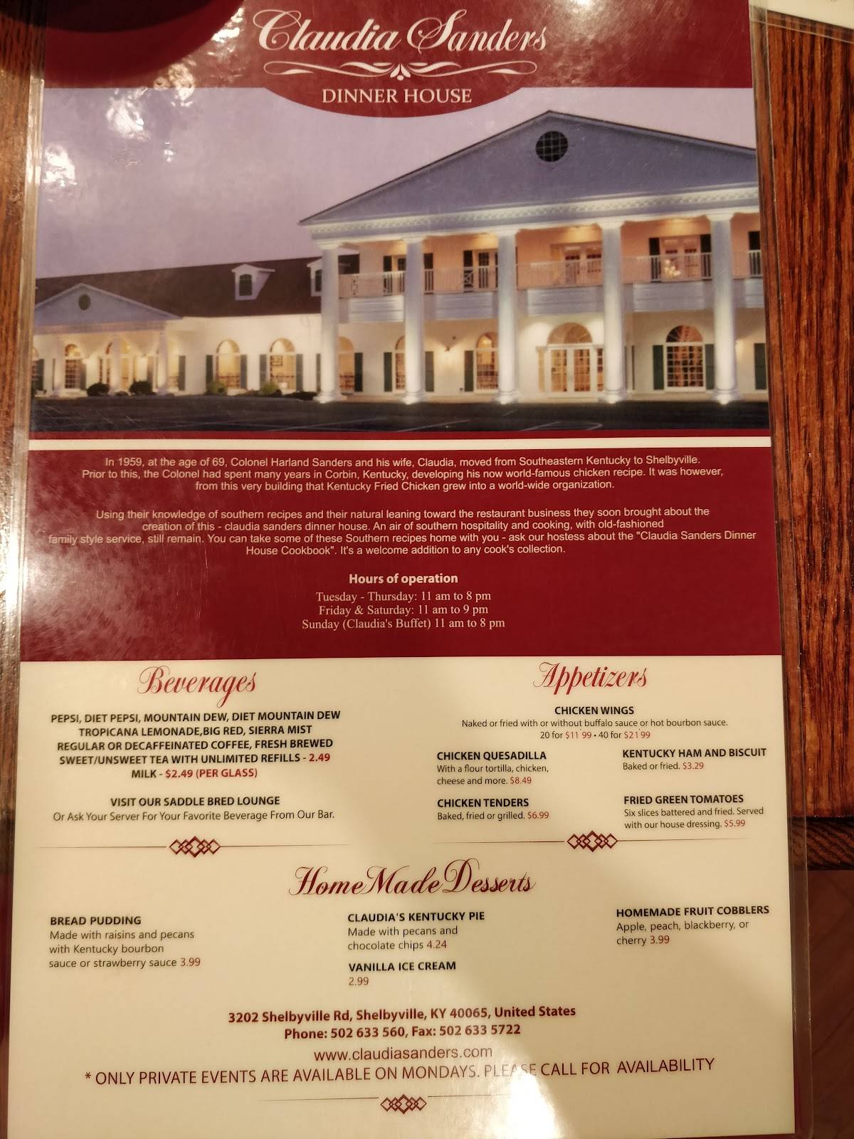 Menu at Claudia Sanders Dinner House restaurant, Shelbyville