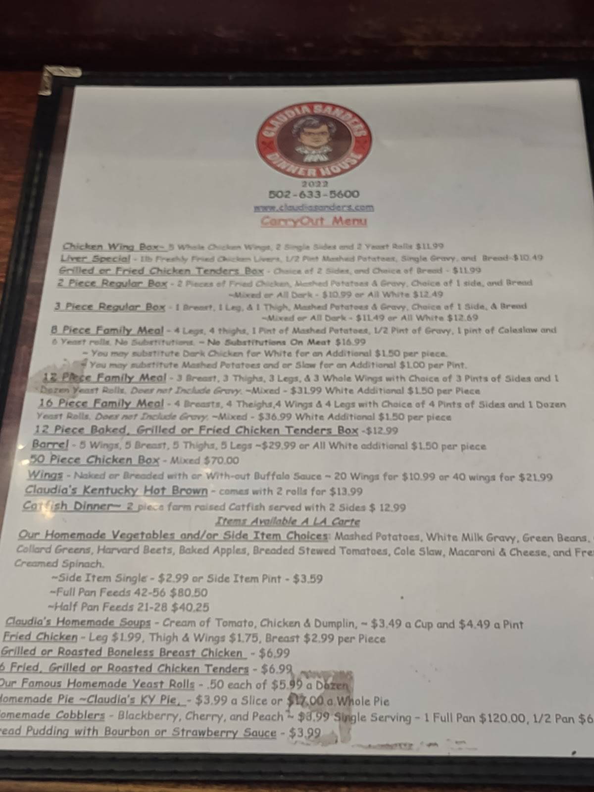 Menu at Claudia Sanders Dinner House restaurant, Shelbyville