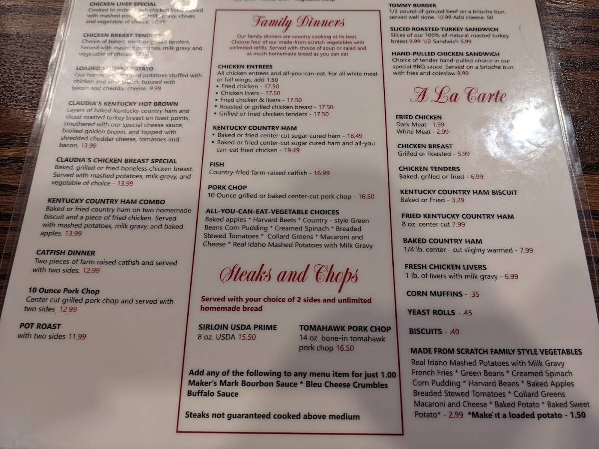 Menu at Claudia Sanders Dinner House restaurant, Shelbyville