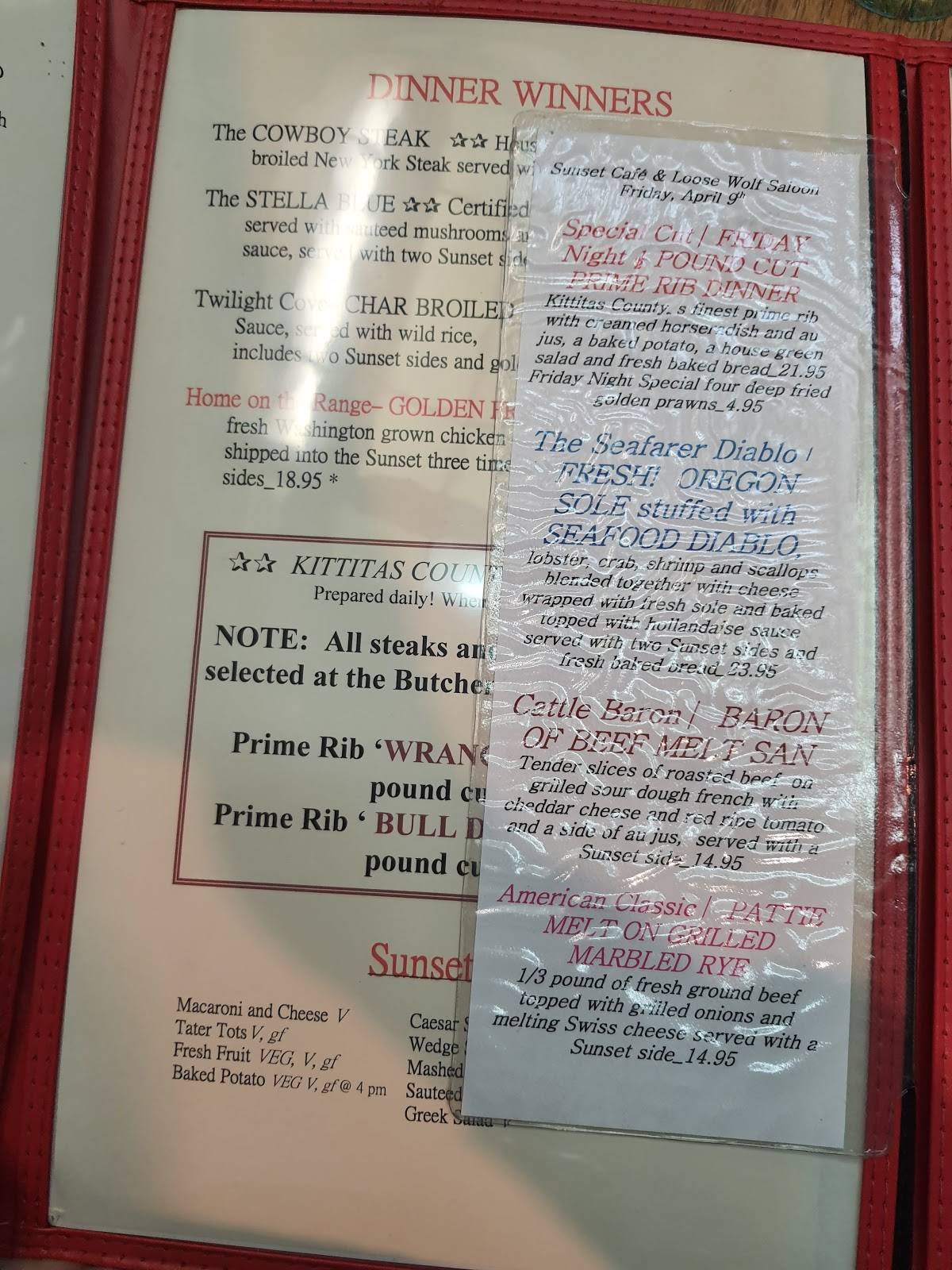 Menu at The Sunset Cafe, Cle Elum