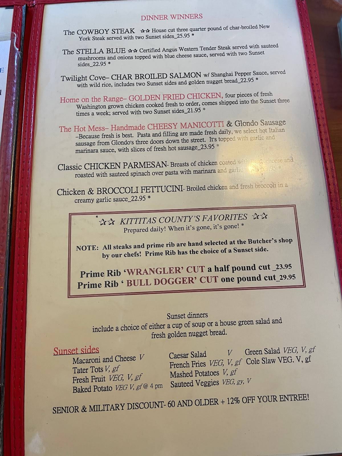 Menu at The Sunset Cafe, Cle Elum