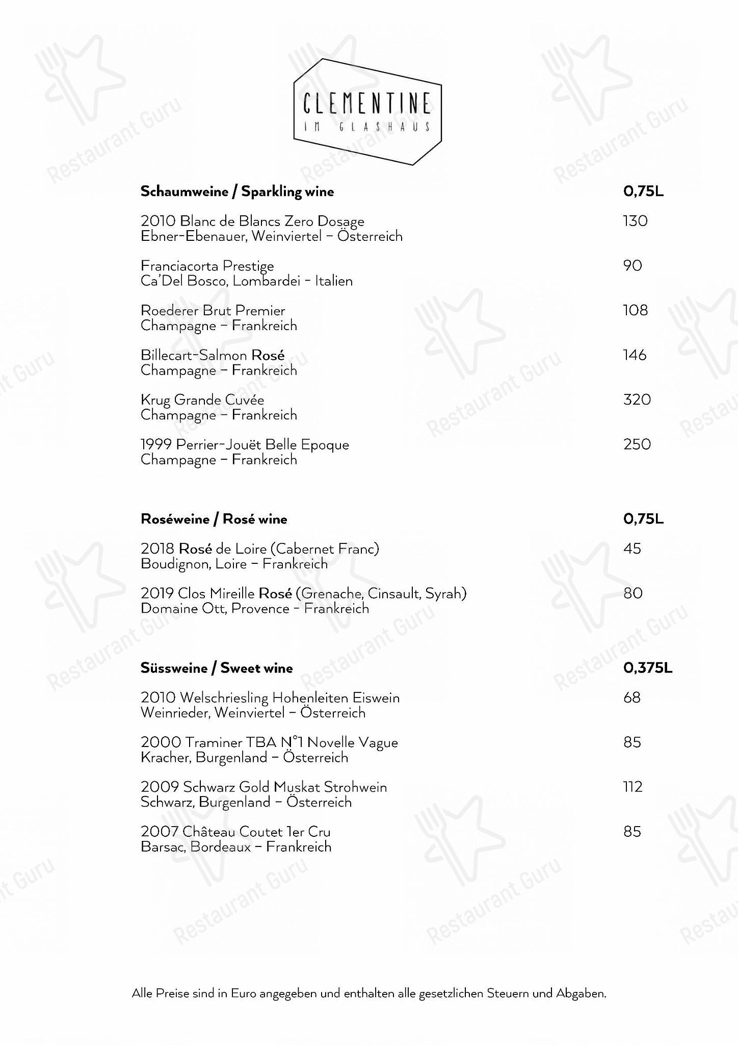 Speisekarte von Restaurant Clementine im Glashaus, Wien