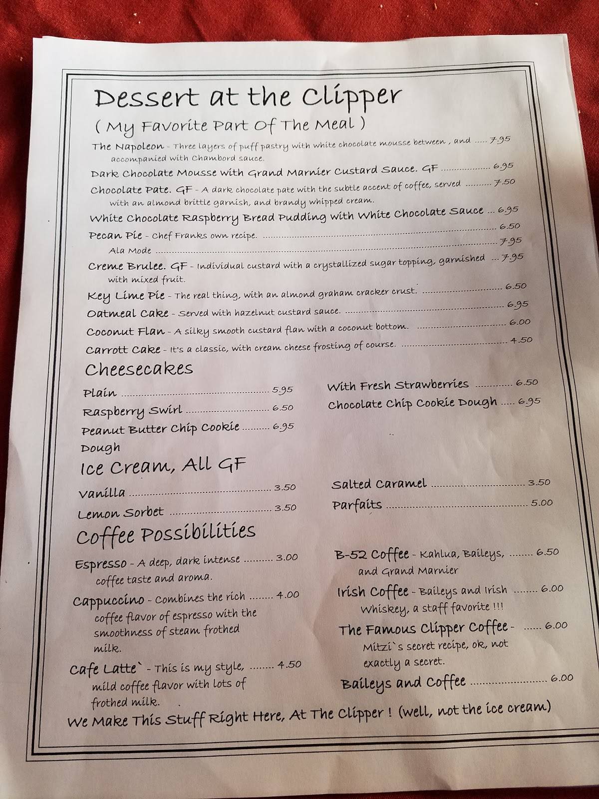 Menu at Clipper Inn restaurant, Clayton