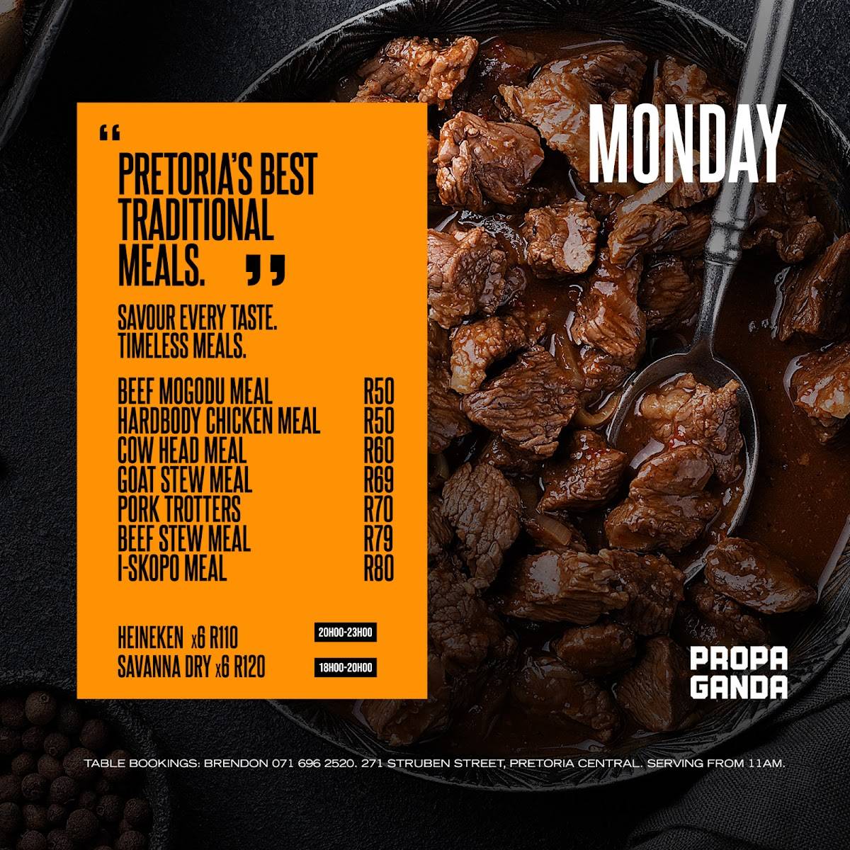 Menu at Propaganda Pretoria club, Pretoria