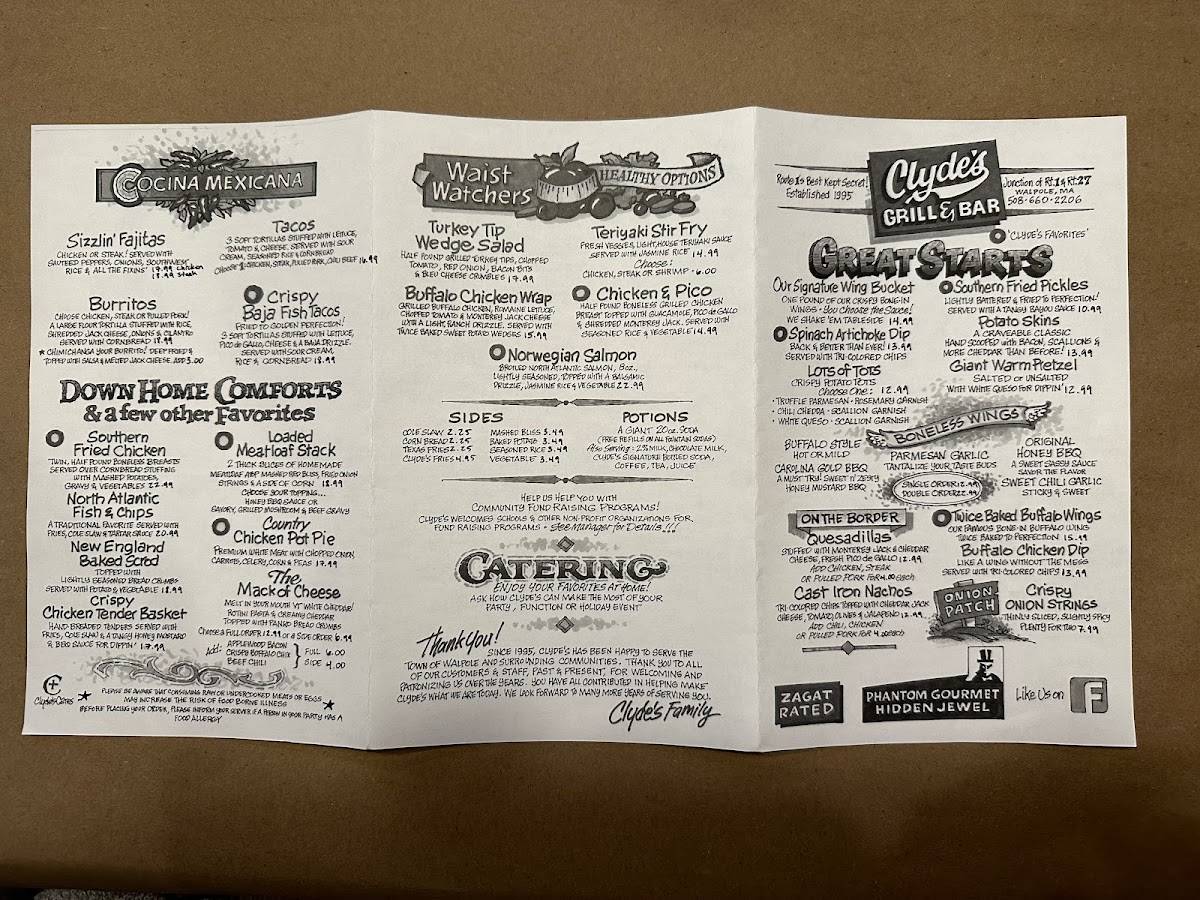 Menu at Clyde’s Grill and Bar, Walpole, 642 Providence Hwy