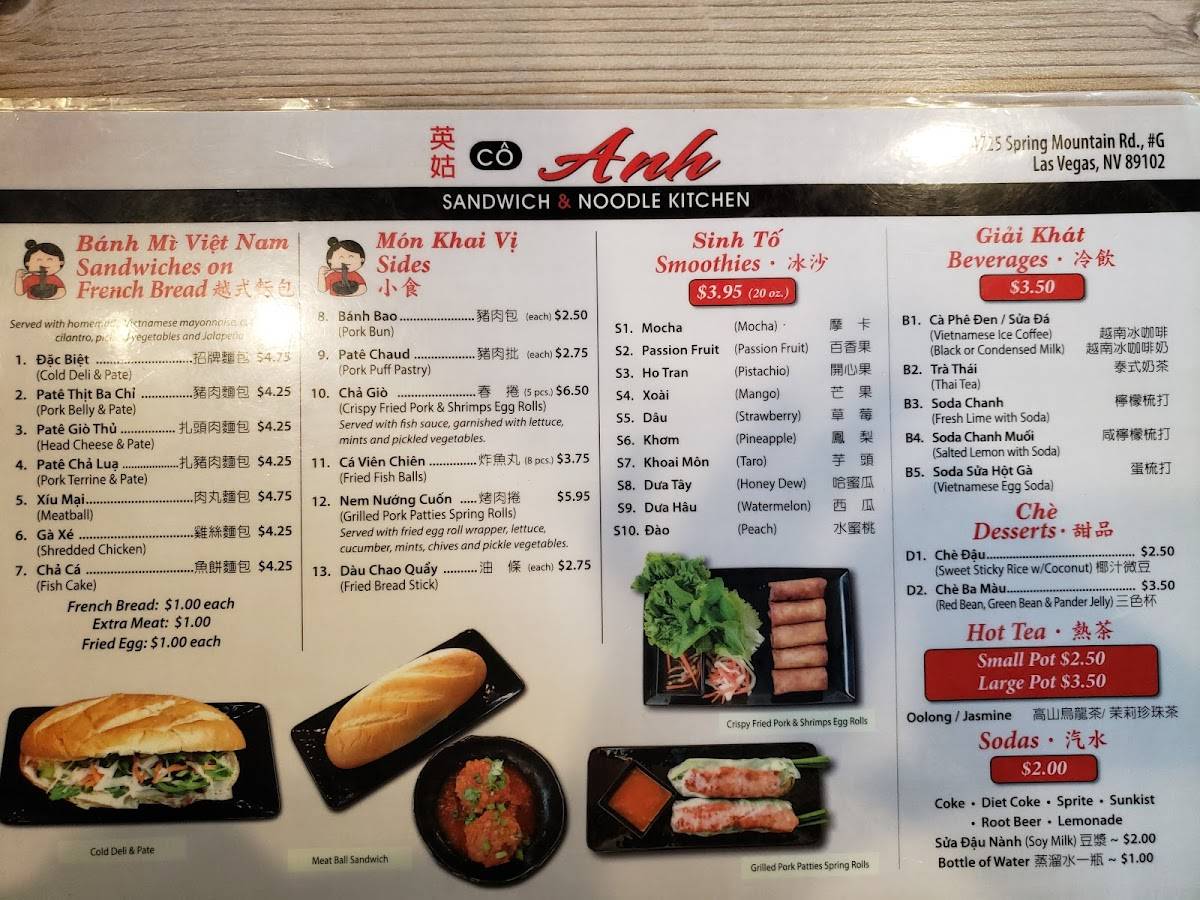 Menu at Cô Anh Sandwich & Noodle Kitchen restaurant, Las Vegas, Spring ...
