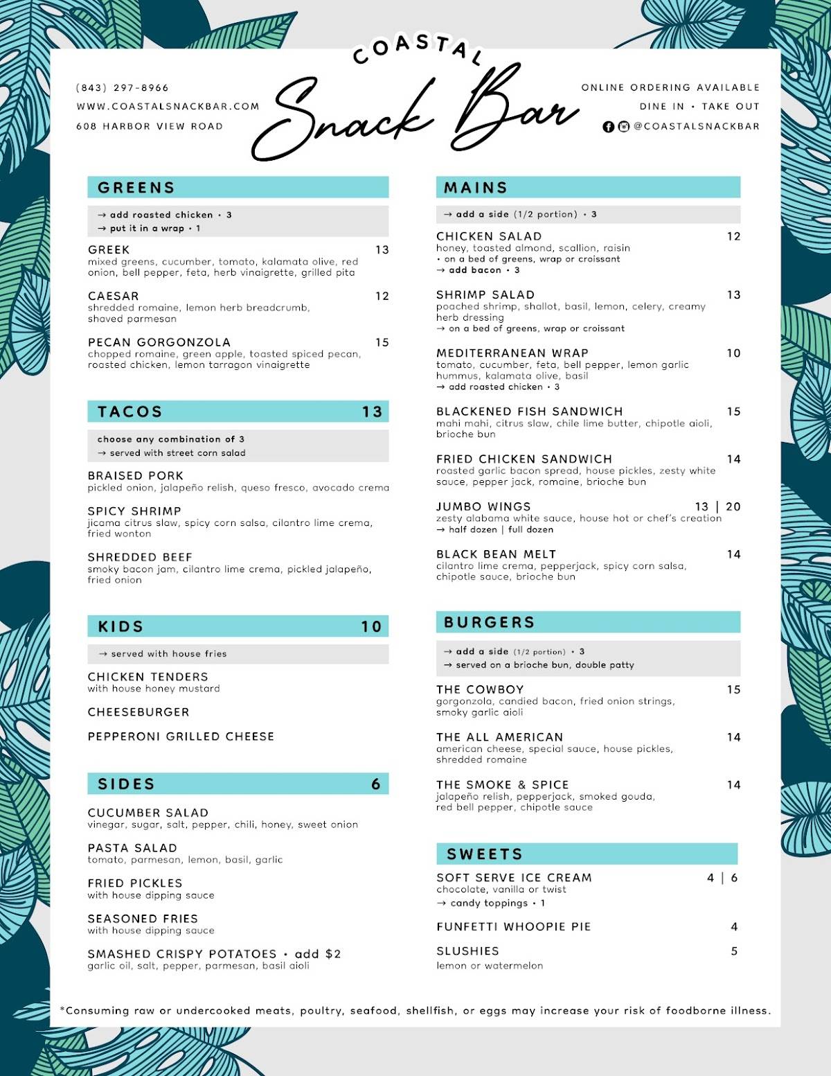 Menu at Coastal Snack Bar, Charleston