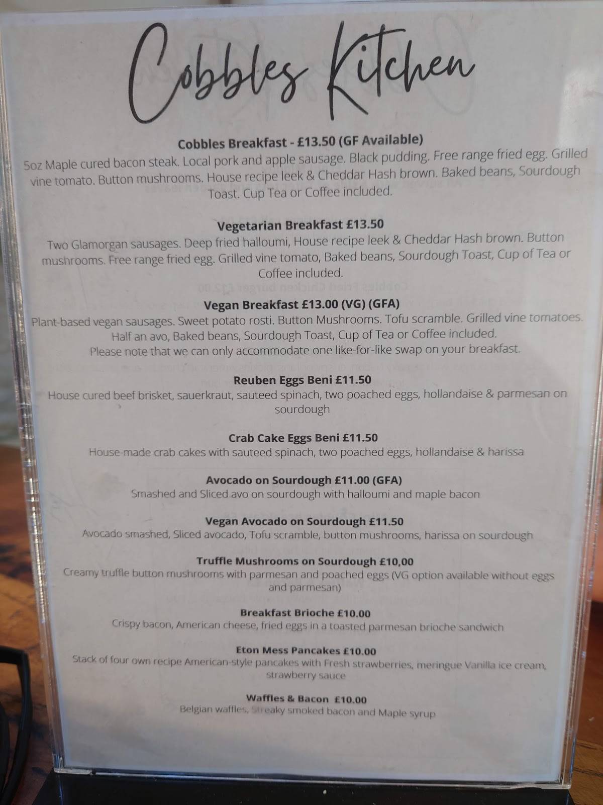 Menu at The Cobbles Collective cafe, Bridgend