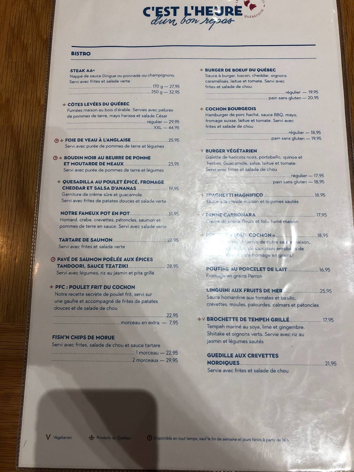 Menu au Cochon Dingue Carrefour Saint-Romuald restaurant, Levis