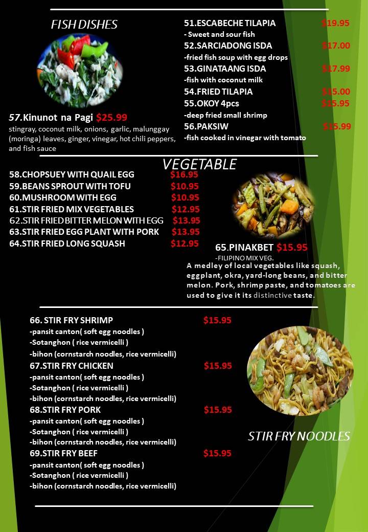Menu au Giga's Pinoy Carinderia restaurant, Cochrane