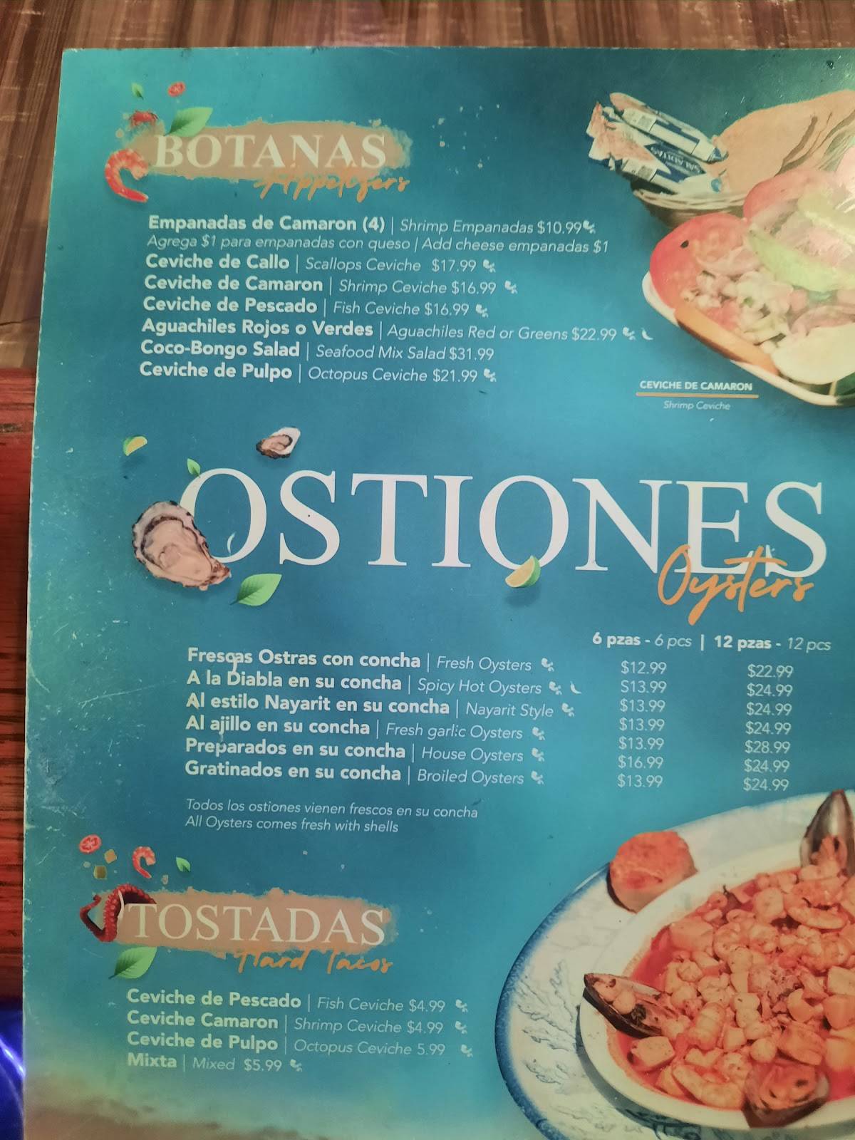 Menu at Coco Bongo Mariscos & Mexican Restaurant, Indianapolis