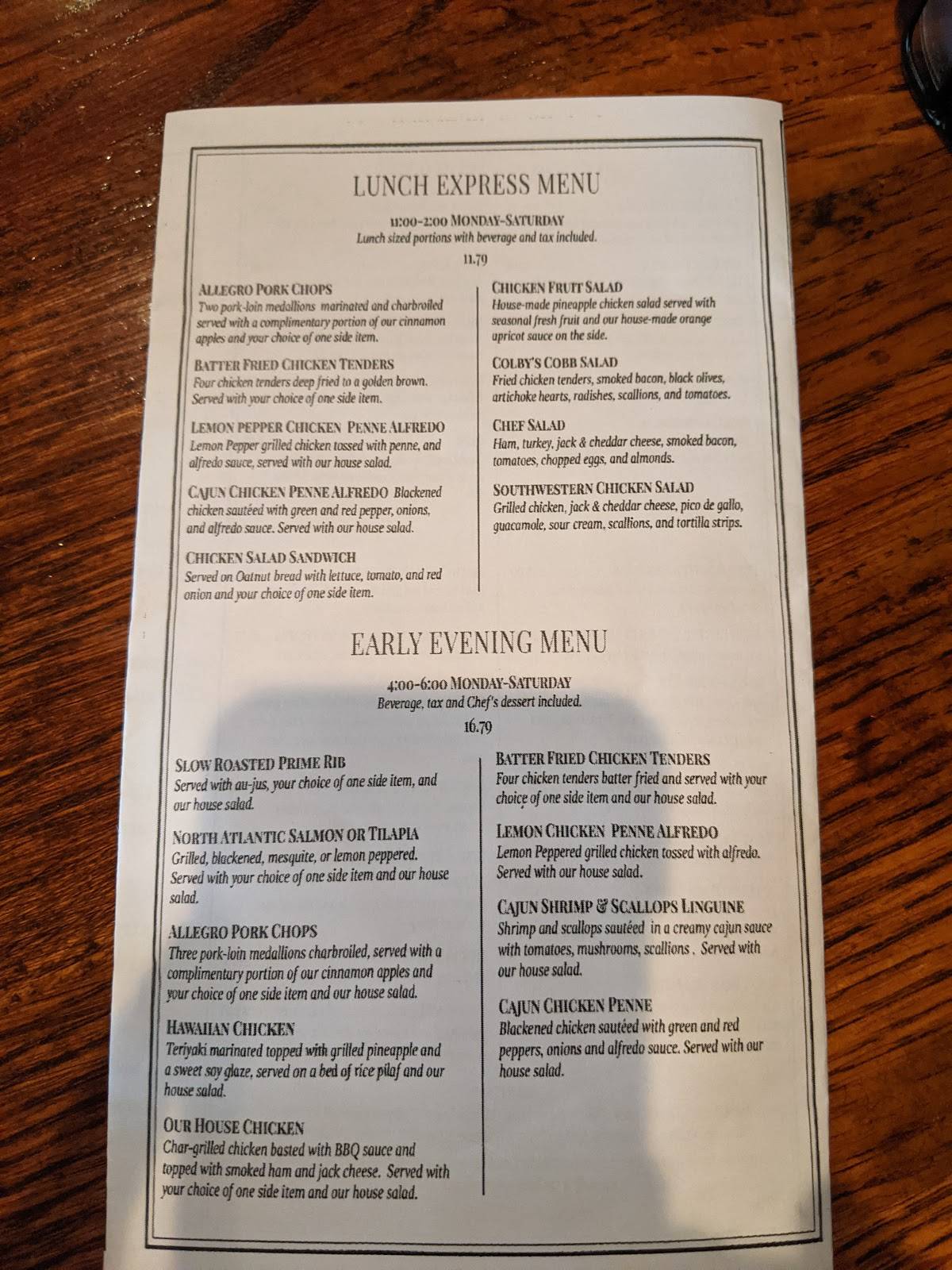 Menu at Colby's Fine Food & Spirits restaurant, Owensboro
