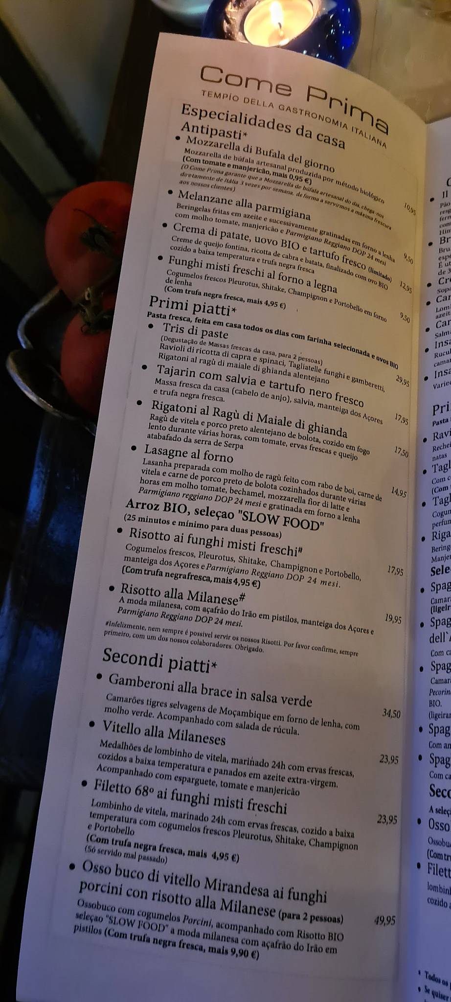 Menu at Restaurante Come Prima, Lisbon