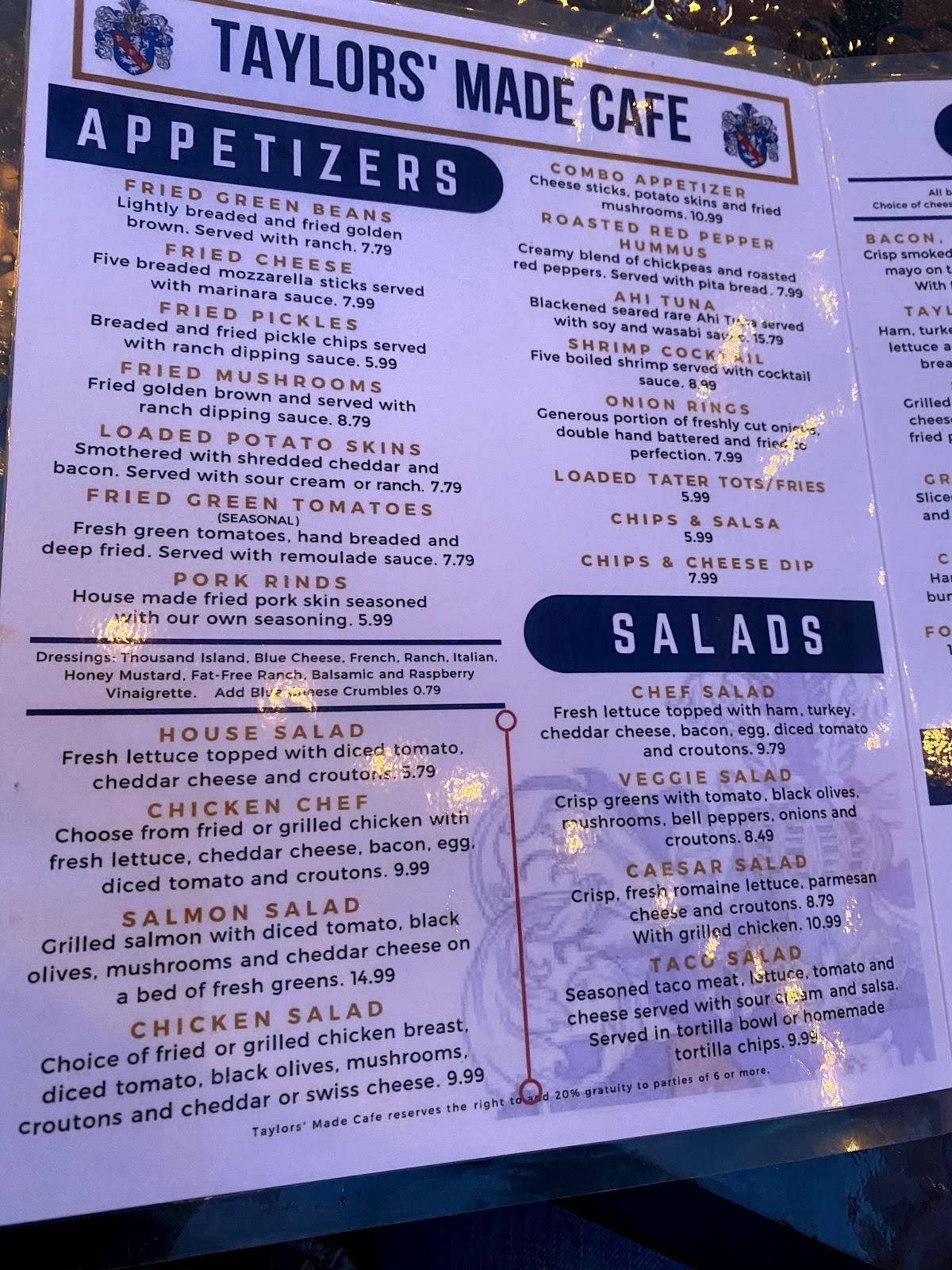 Menu at Taylor's Made cafe, Conway