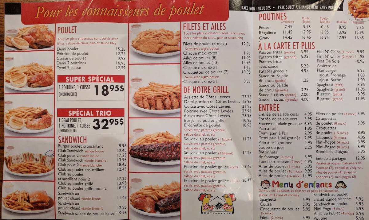 Menu au Coq-o-bec rock forest restaurant, Sherbrooke