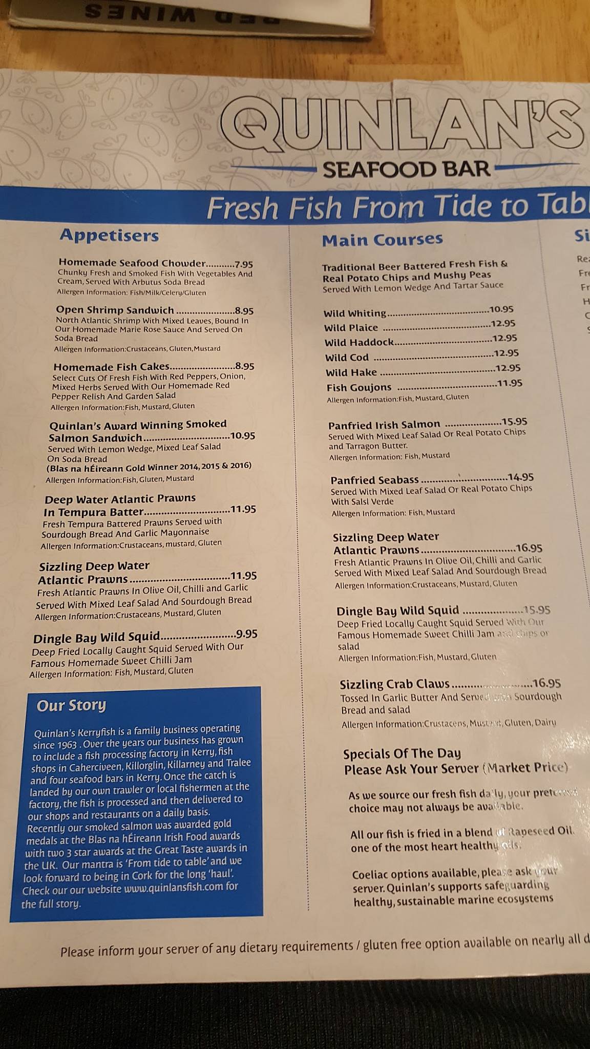 Menu at Quinlans Seafood Bar Cork, Cork
