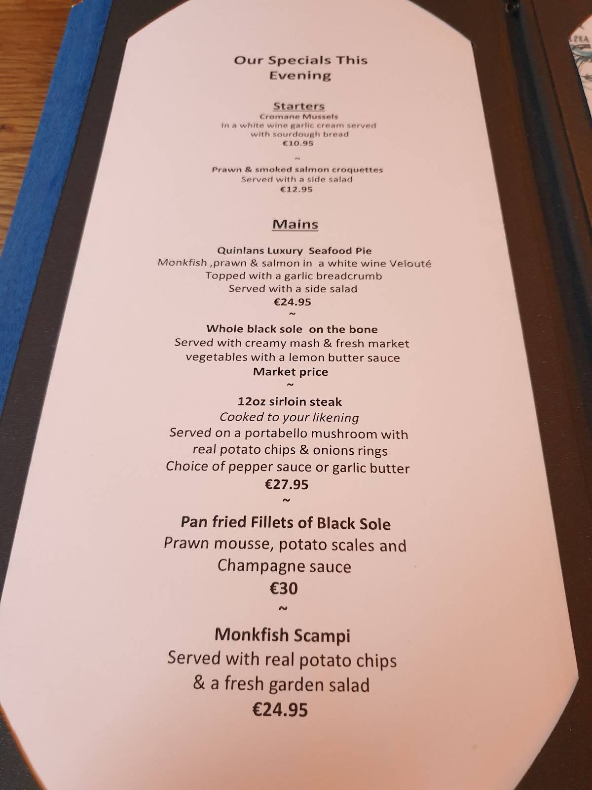 Menu at Quinlans Seafood Bar Cork, Cork