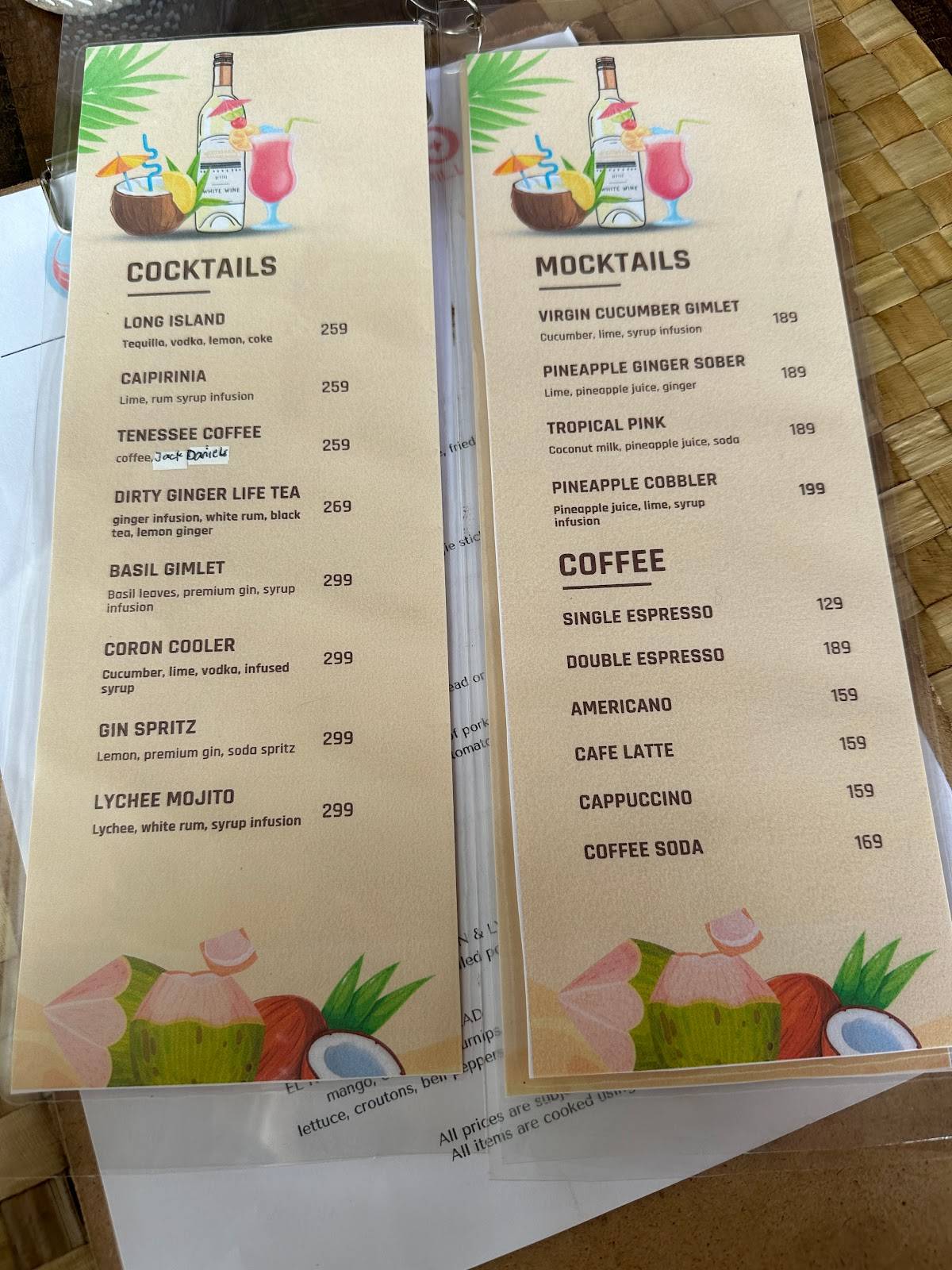 Menu at El Kuvo restaurant, Coron