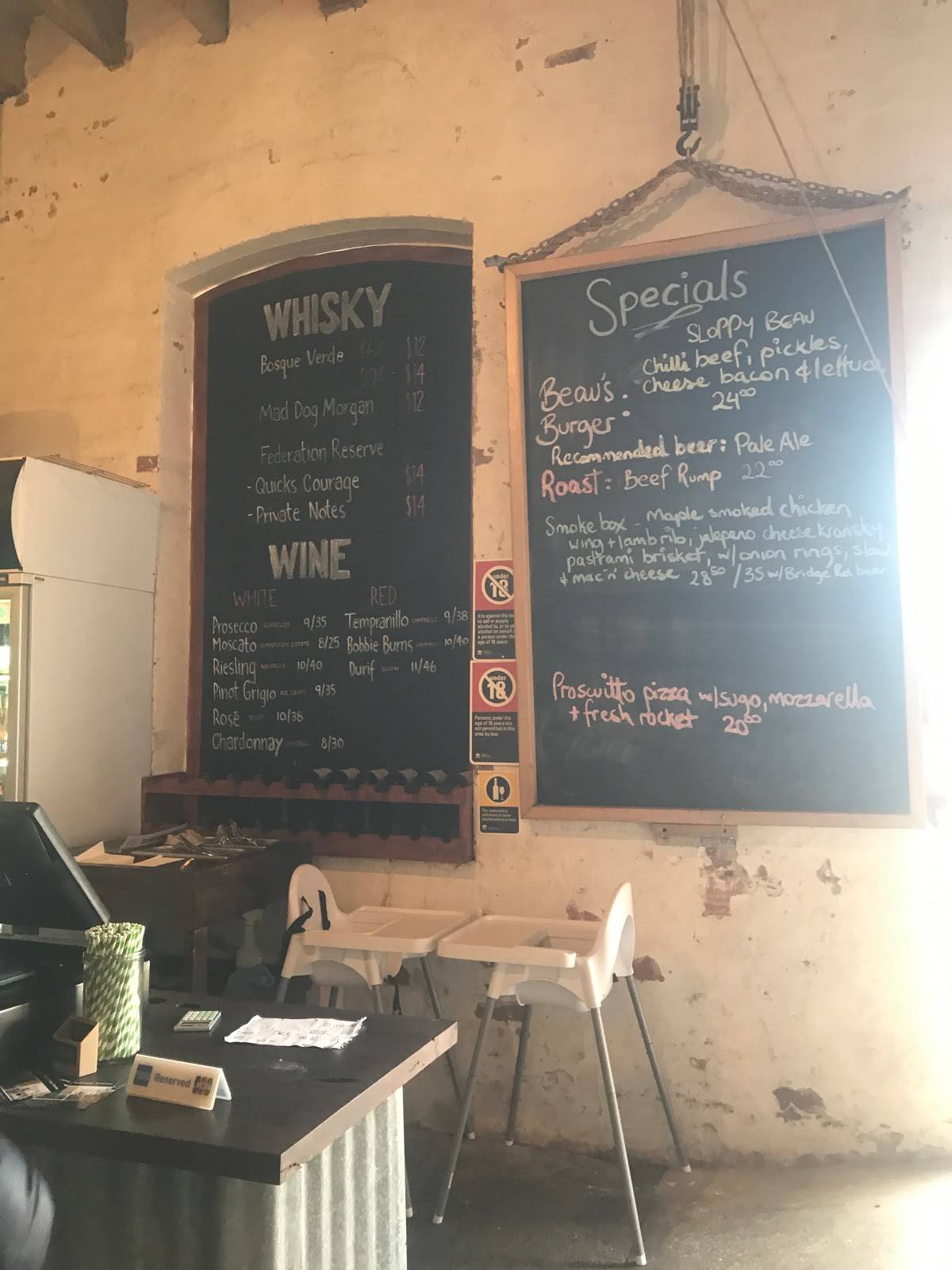 Menu at Corowa Distilling Co. restaurant, Corowa