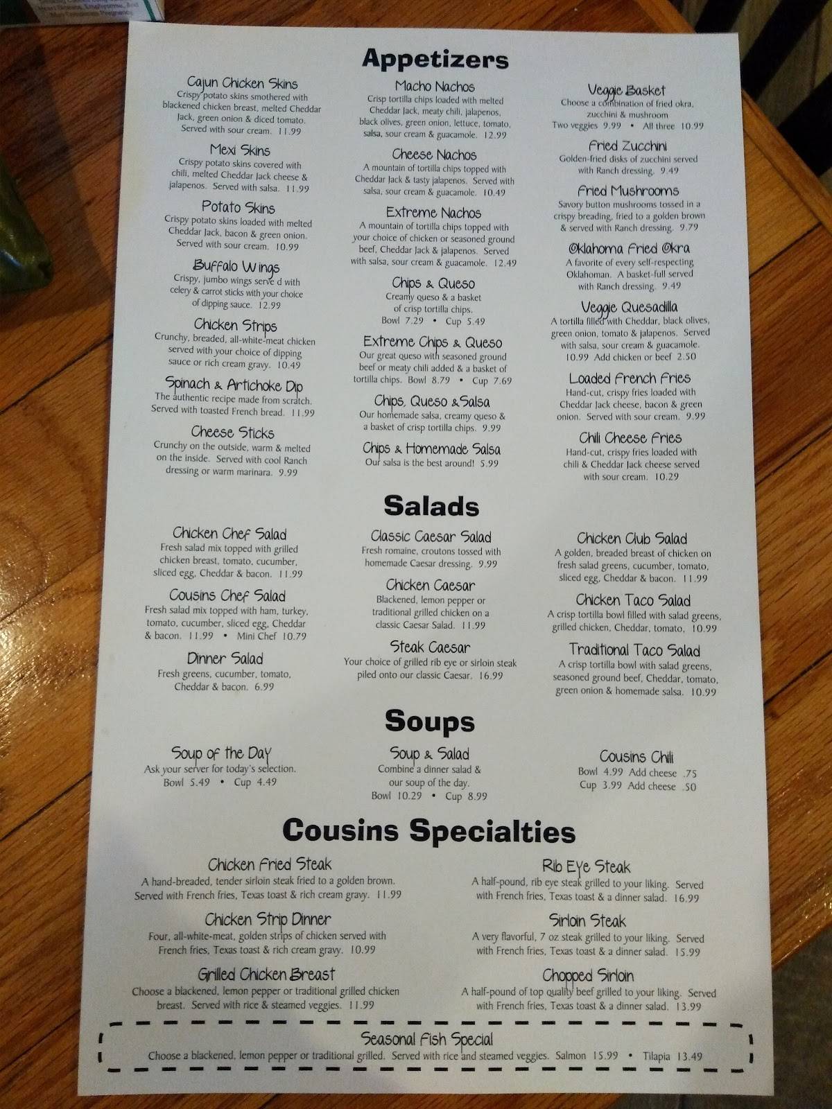 Menu at Cousins Bar & Grill, Oklahoma City