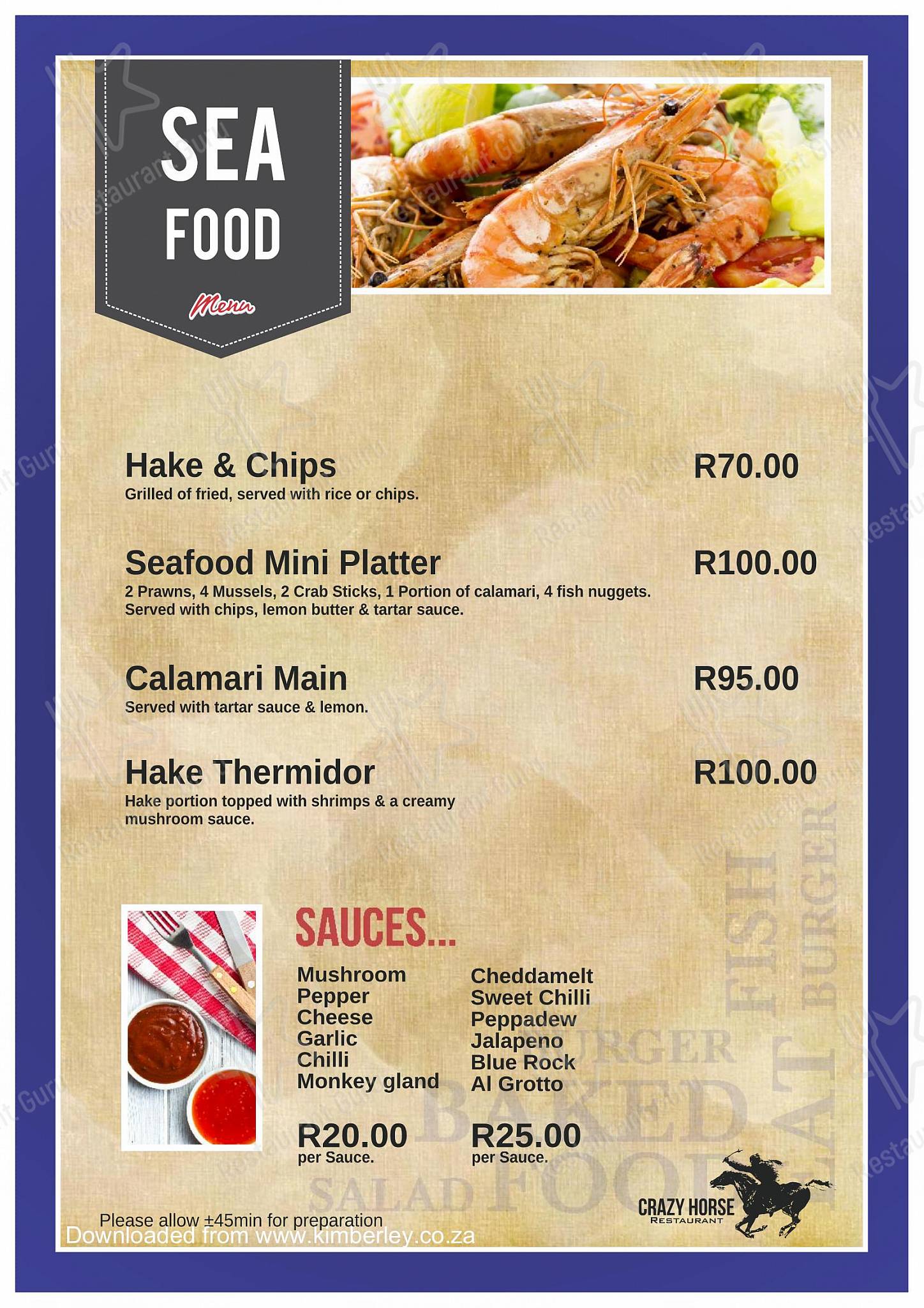 Menu at Horseshoe Inn restaurant, Kimberley
