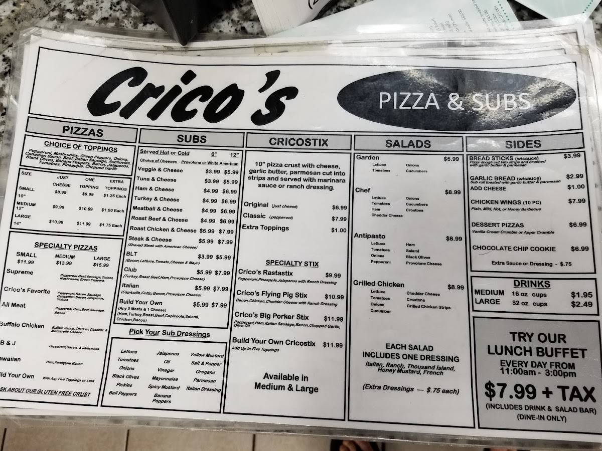 Menu at Crico's Pizza & Subs pizzeria, Gulf Shores
