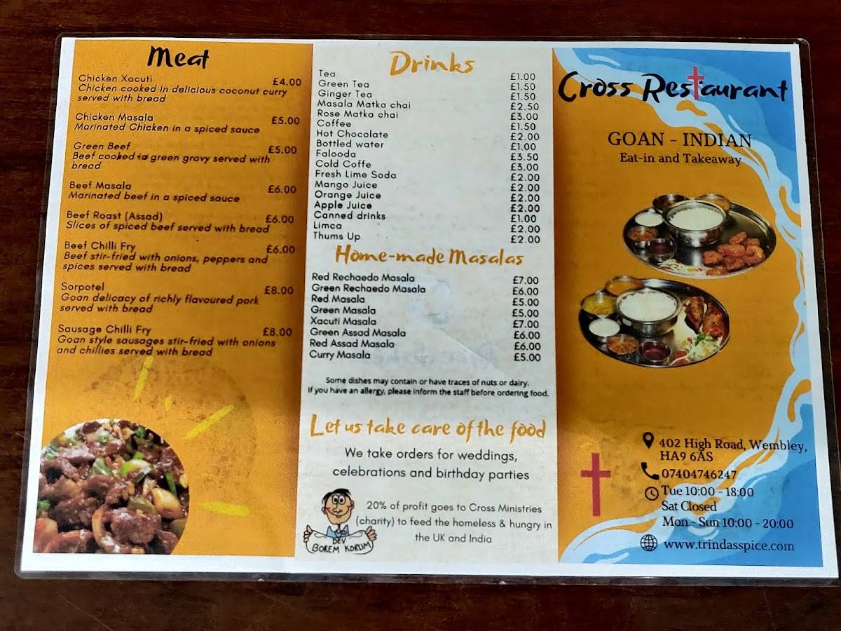 Menu at Cross Restaurant, Wembley