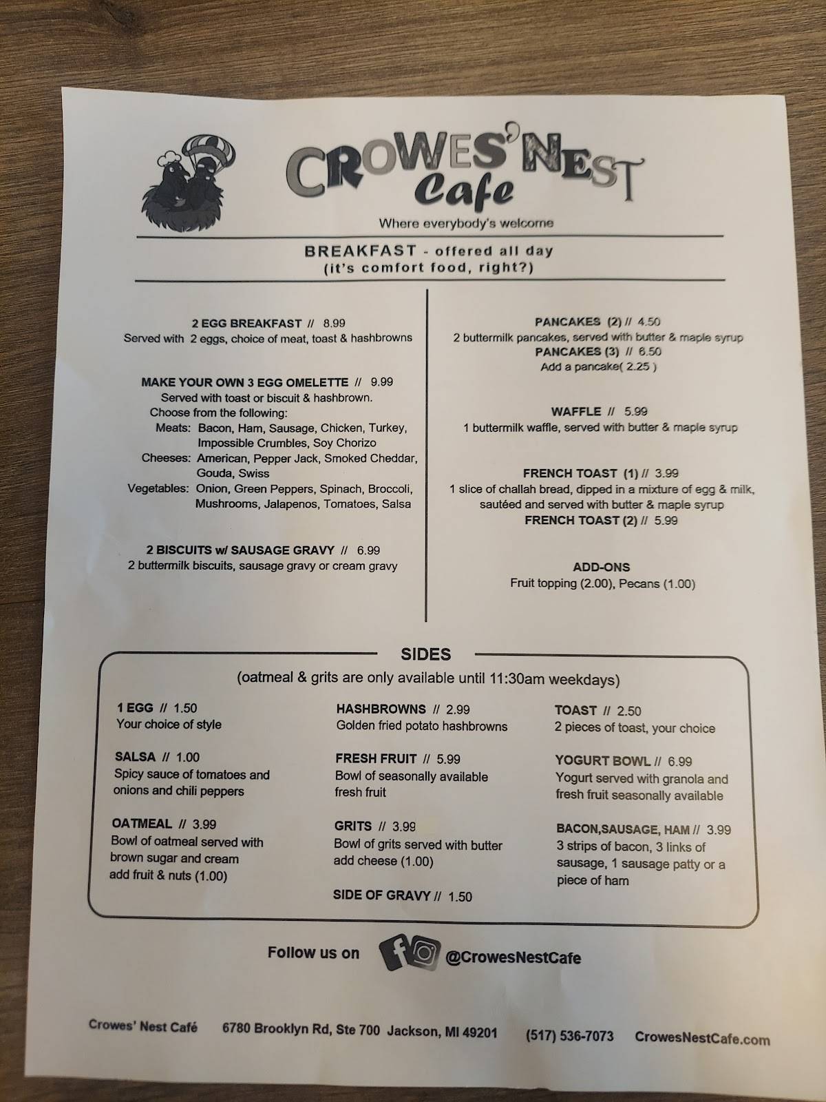 Menu at Crowes' Nest Cafe, Napoleon