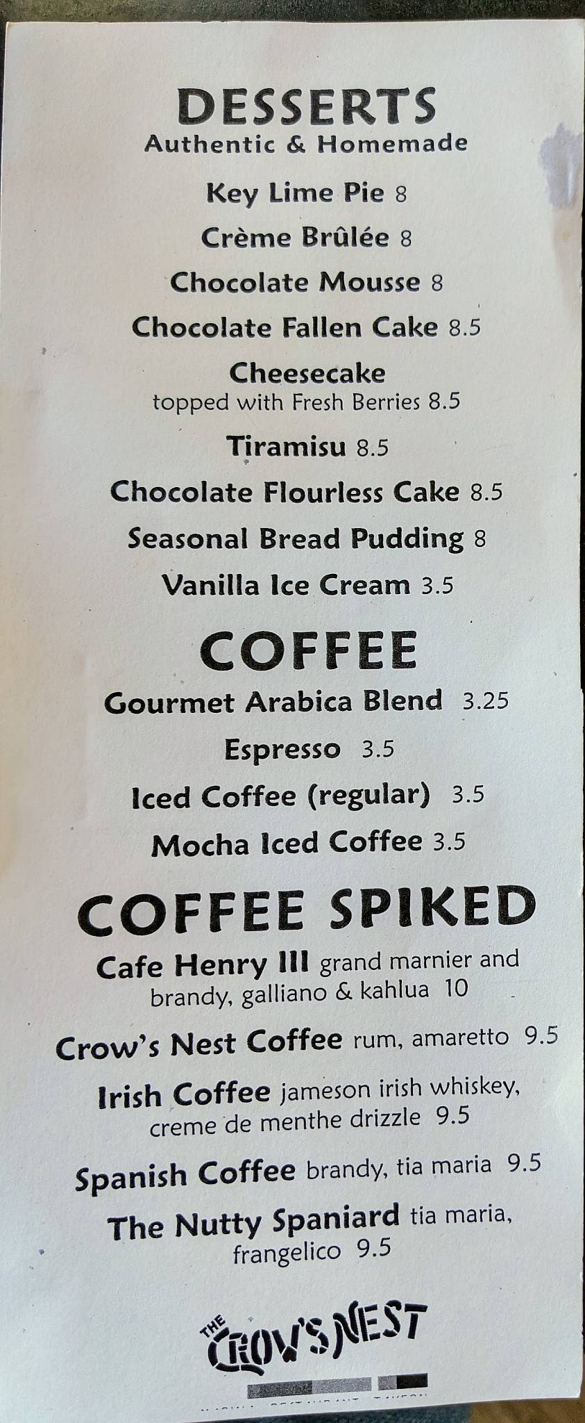 Menu at Crow's Nest Restaurant, Tavern & Marina, Venice