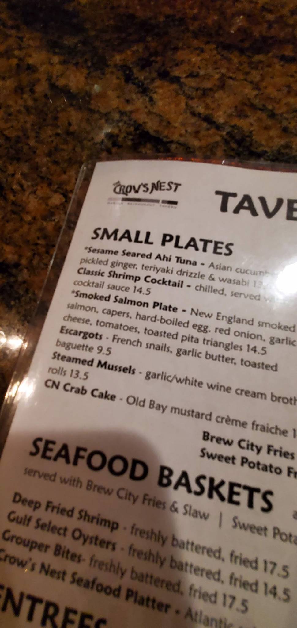 Menu at Crow's Nest Restaurant, Tavern & Marina, Venice