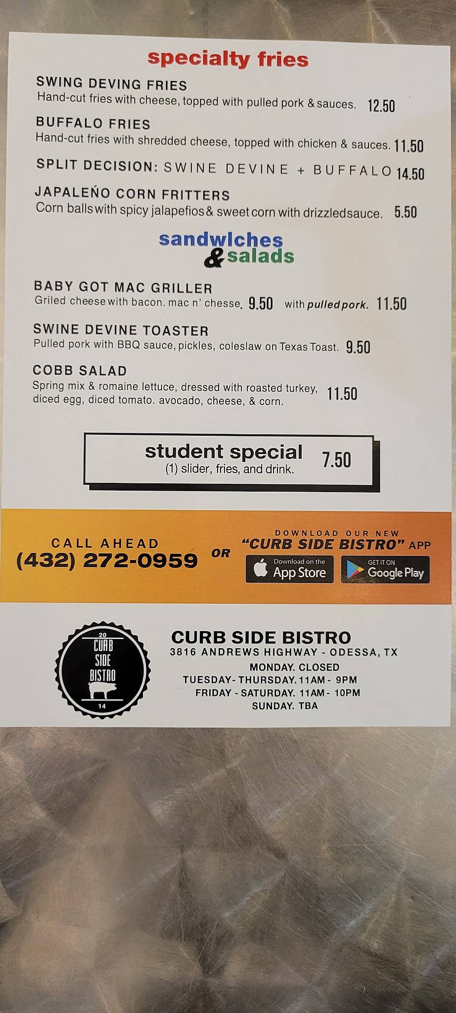 Menu at Curb Side Bistro restaurant, Odessa, Andrews Hwy