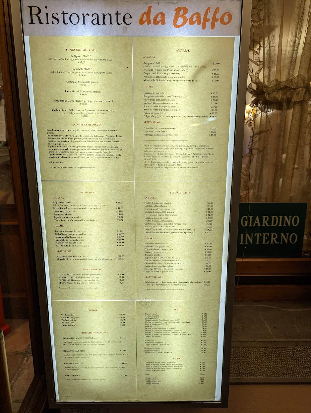 Menu da Da Baffo ristorante, Palmanova