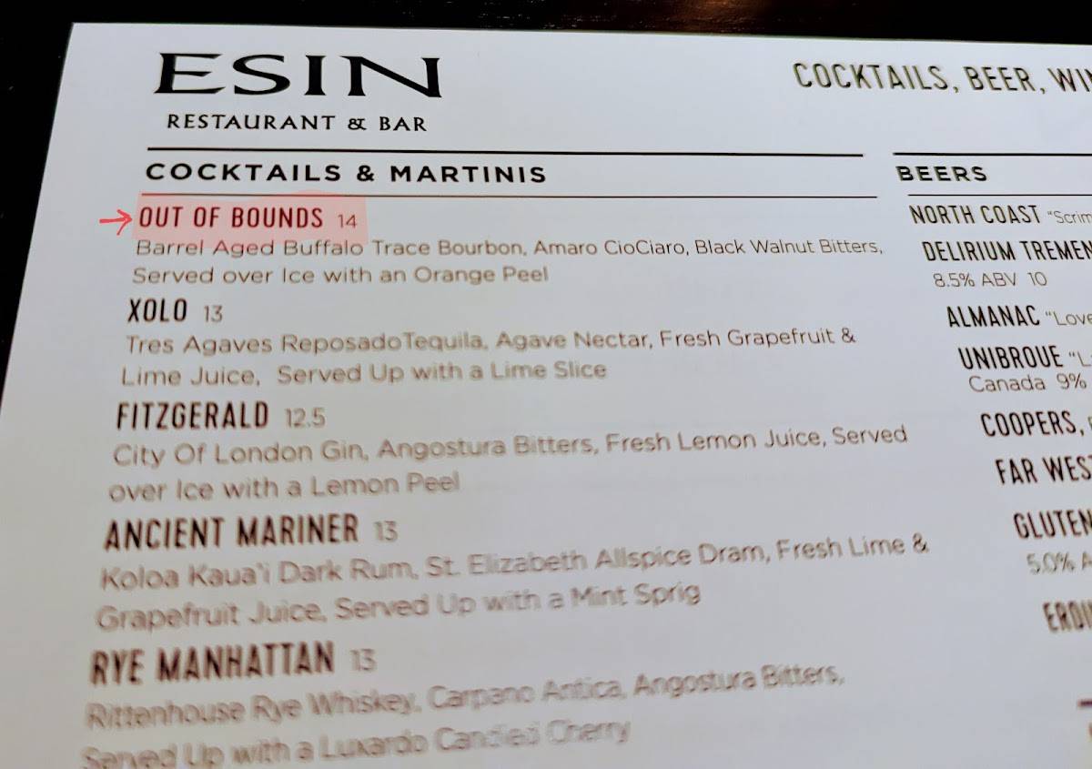 Menu at Esin Restaurant & Bar, Danville