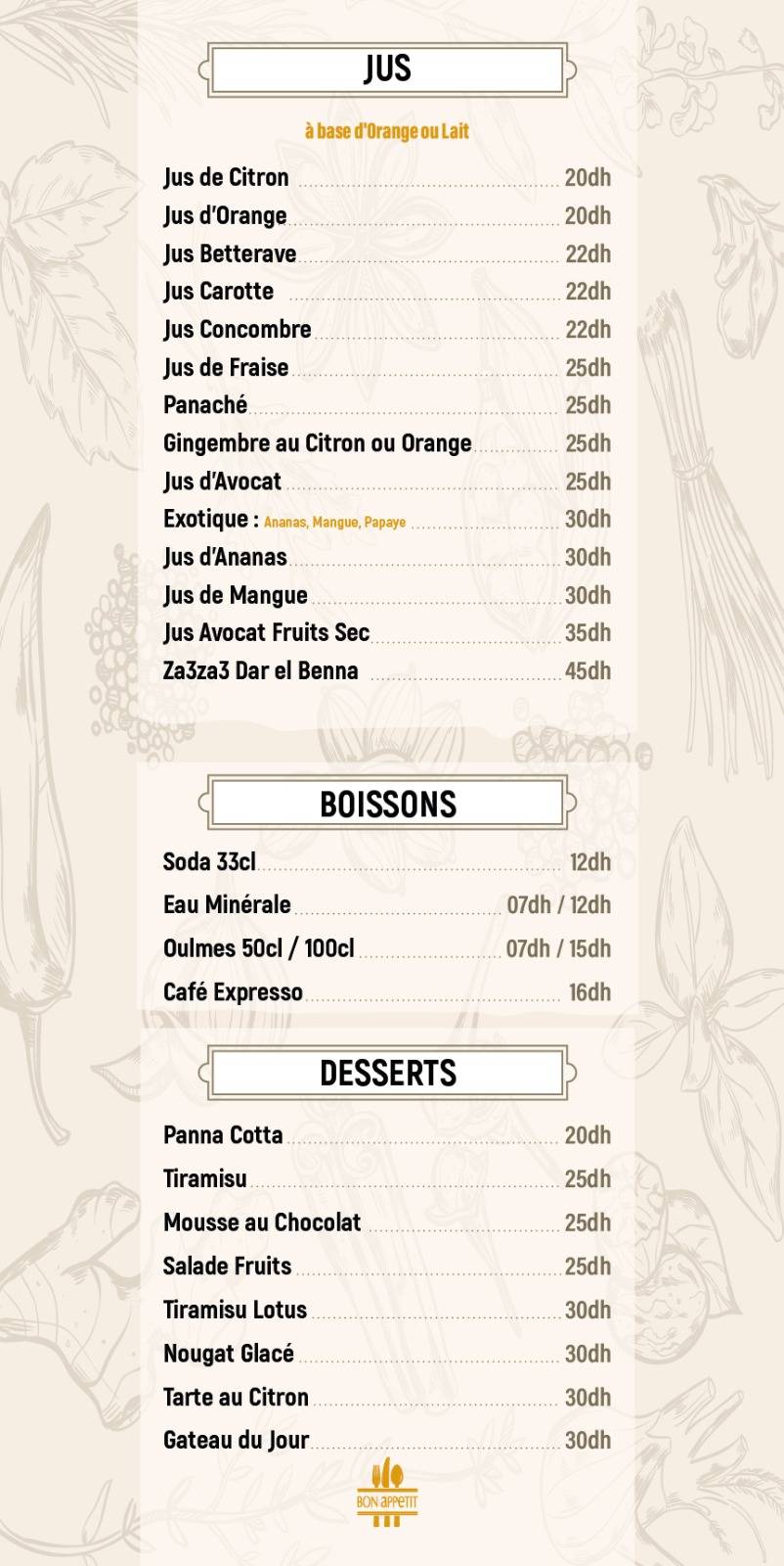 Speisekarte von Dar El Benna restaurant, Marrakesch