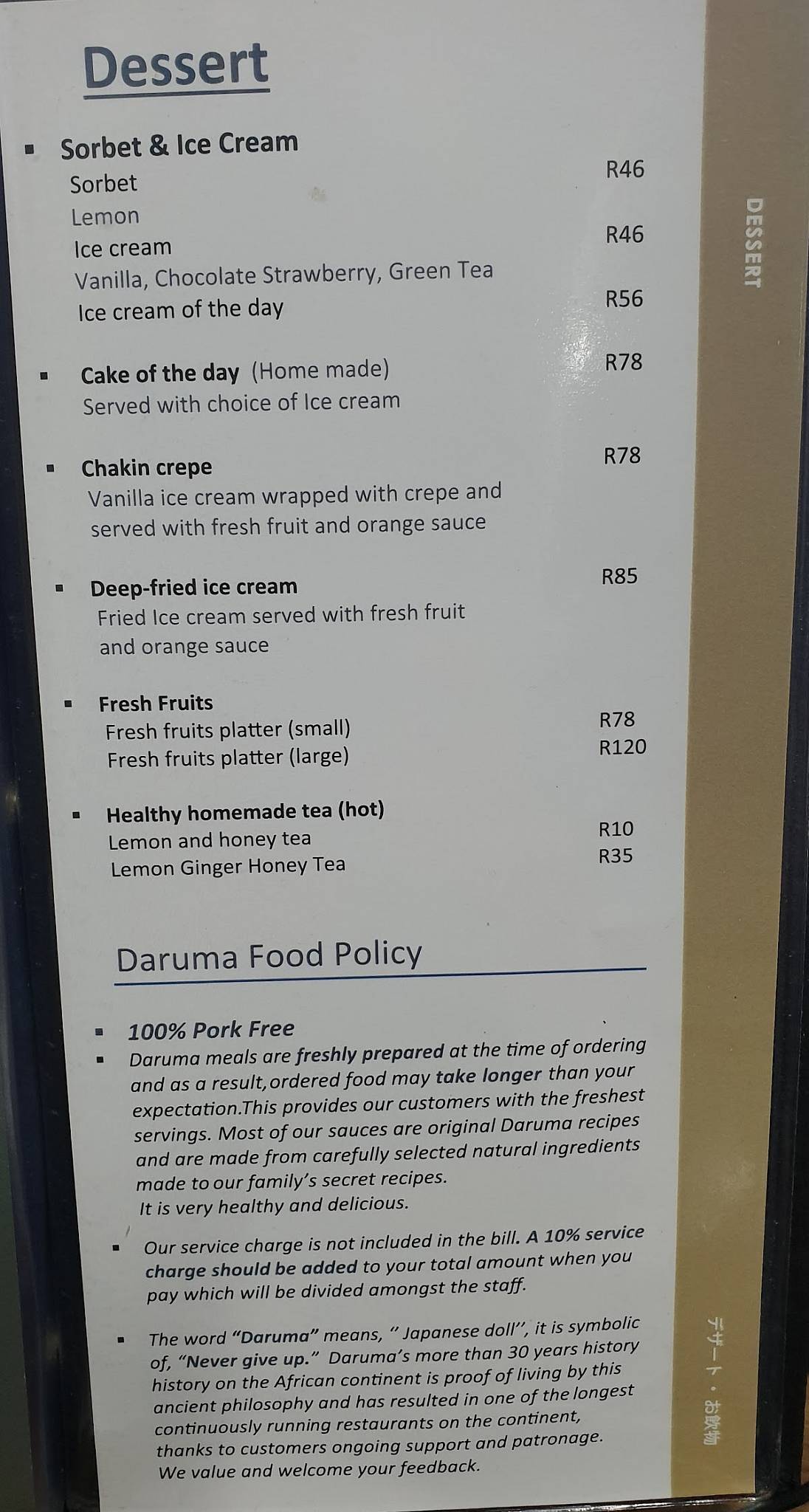 Menu at Daruma Umhlanga restaurant, Durban, Shop B8 Level L2