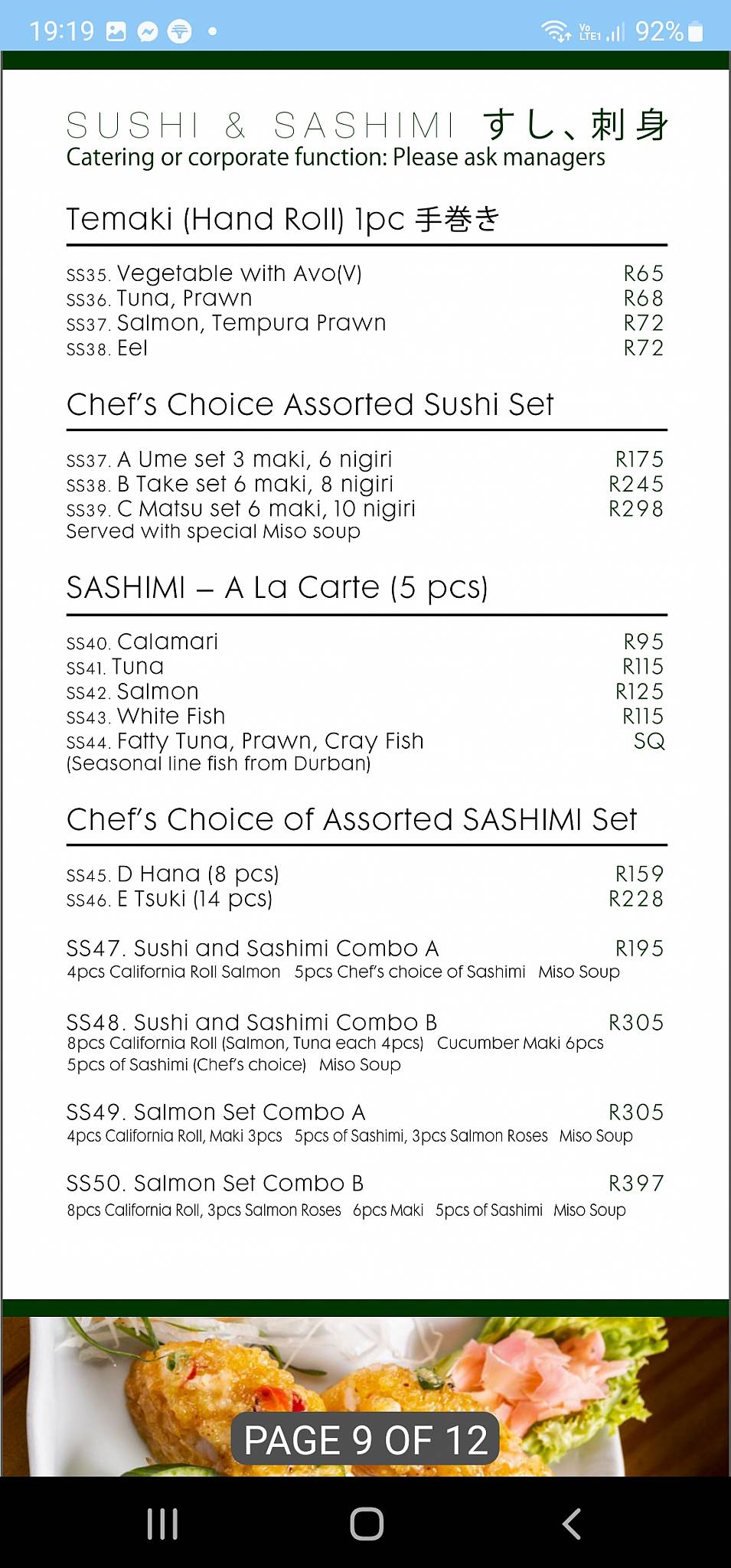 Menu at Daruma Umhlanga restaurant, Durban, Shop B8 Level L2