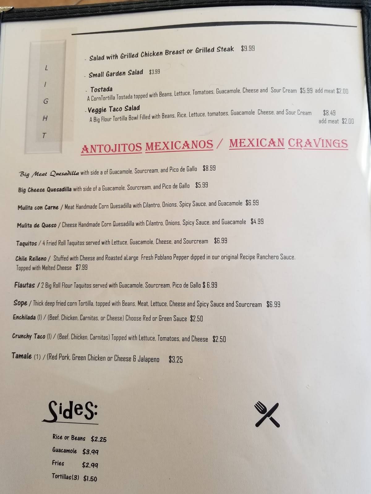 Menu at De Oro La Puerta Authentic Mexican Food restaurant, Brea