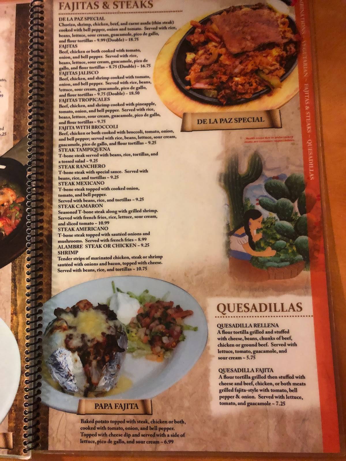 Menu at De la Paz restaurant, White House