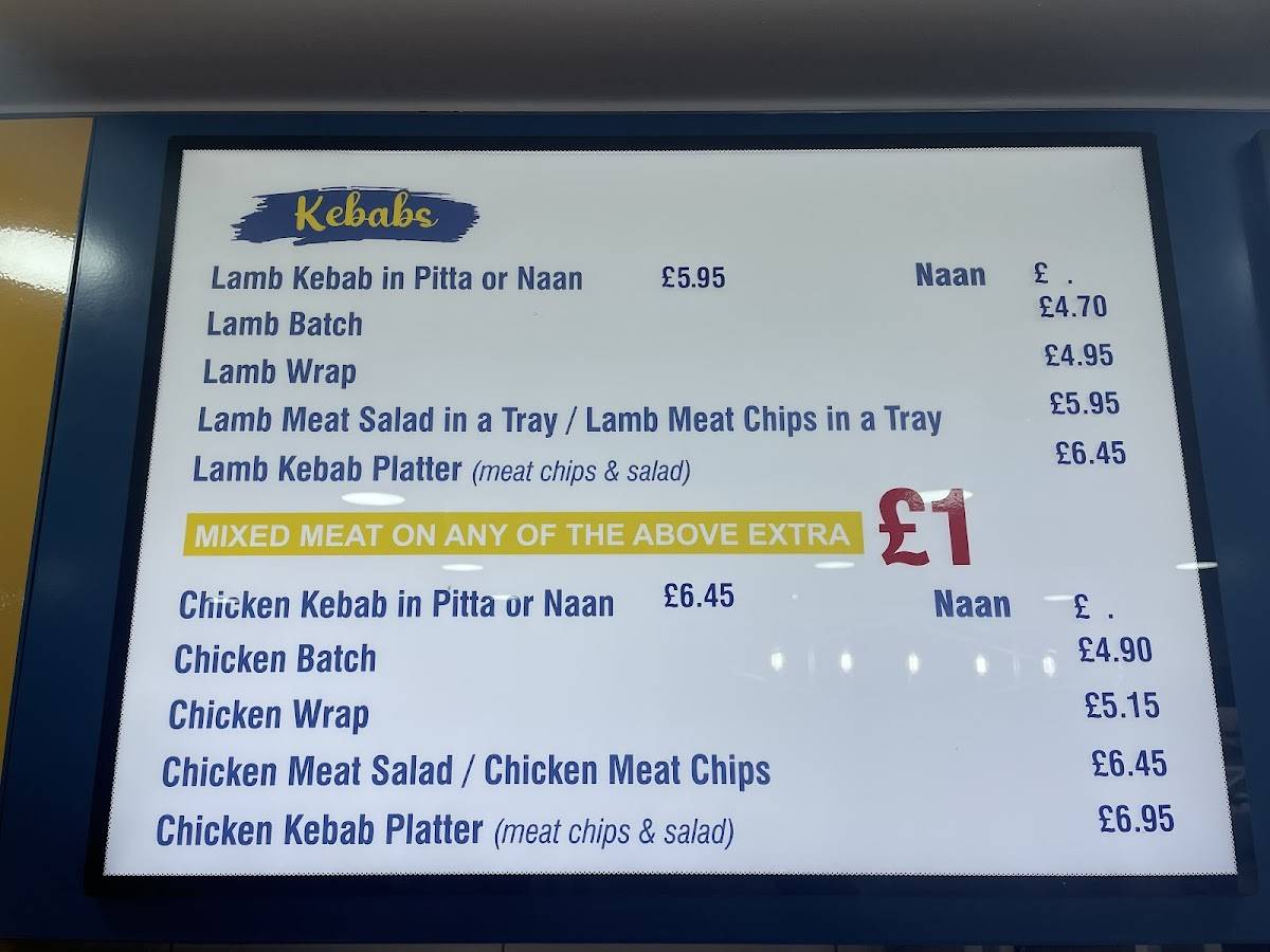 Menu at Deano's Chippy restaurant, Coventry
