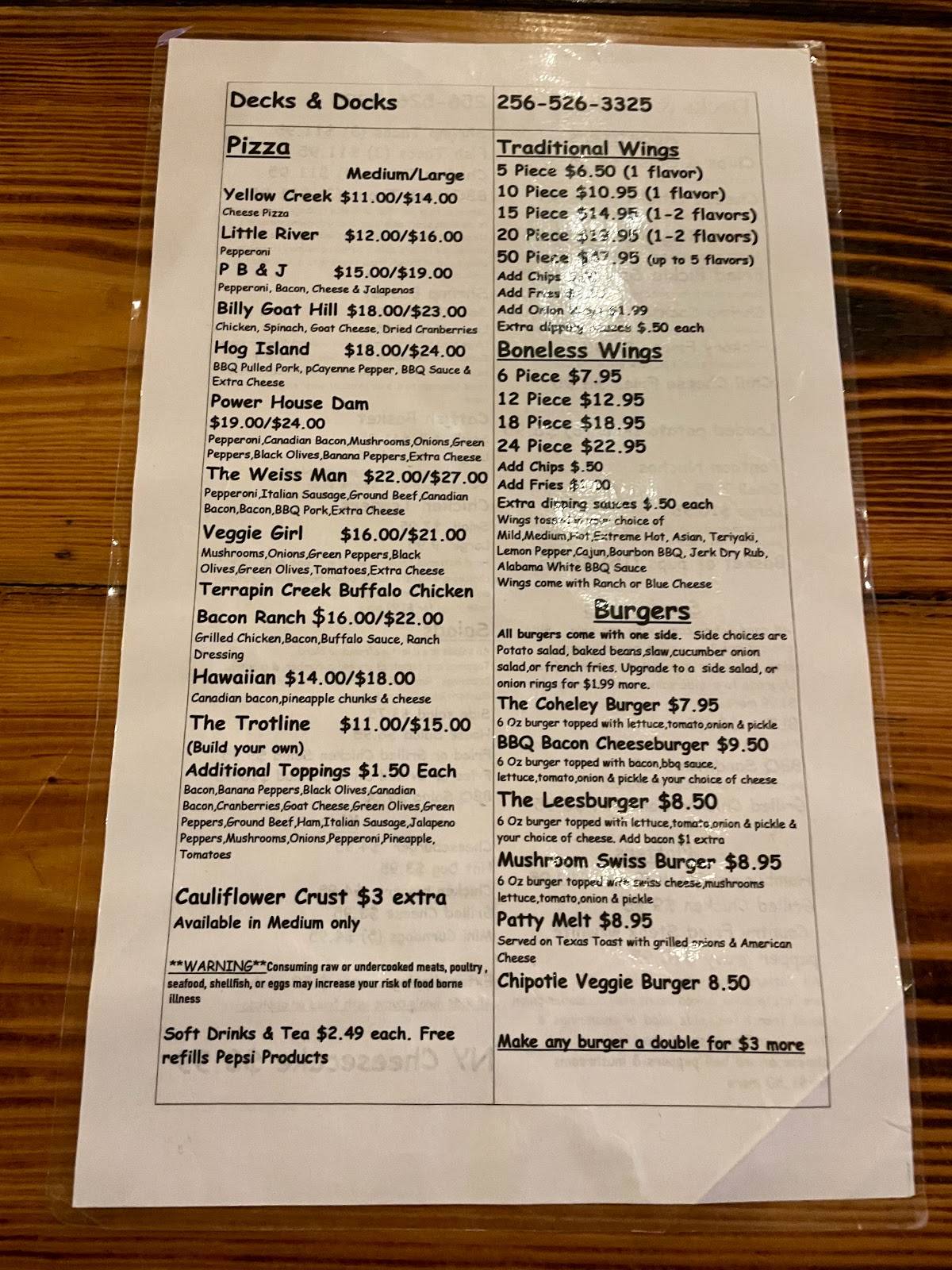 Menu at Decks and Docks pub & bar, Leesburg