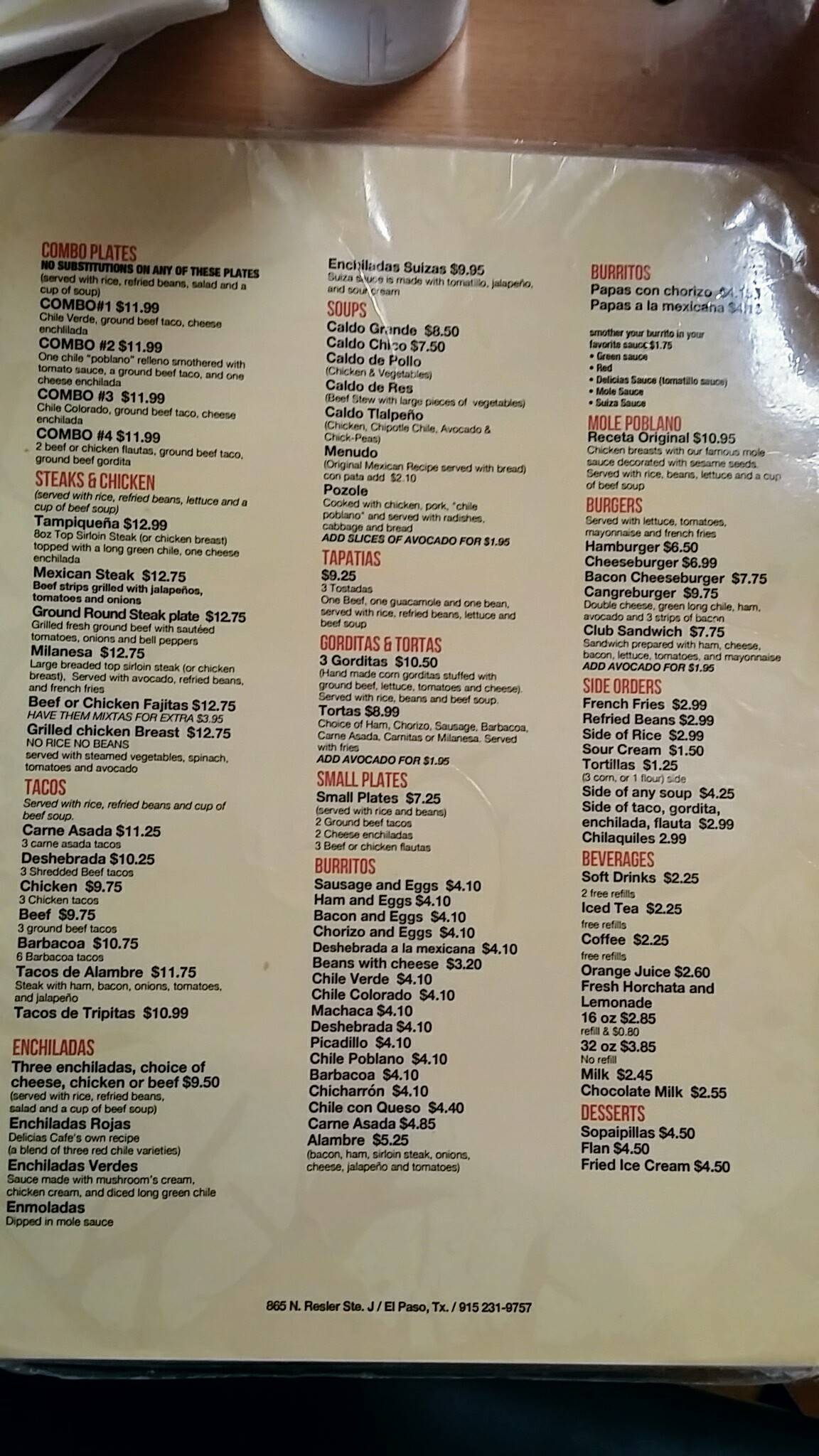 Menu at Delicias Cafe, El Paso, 865 Resler Dr J