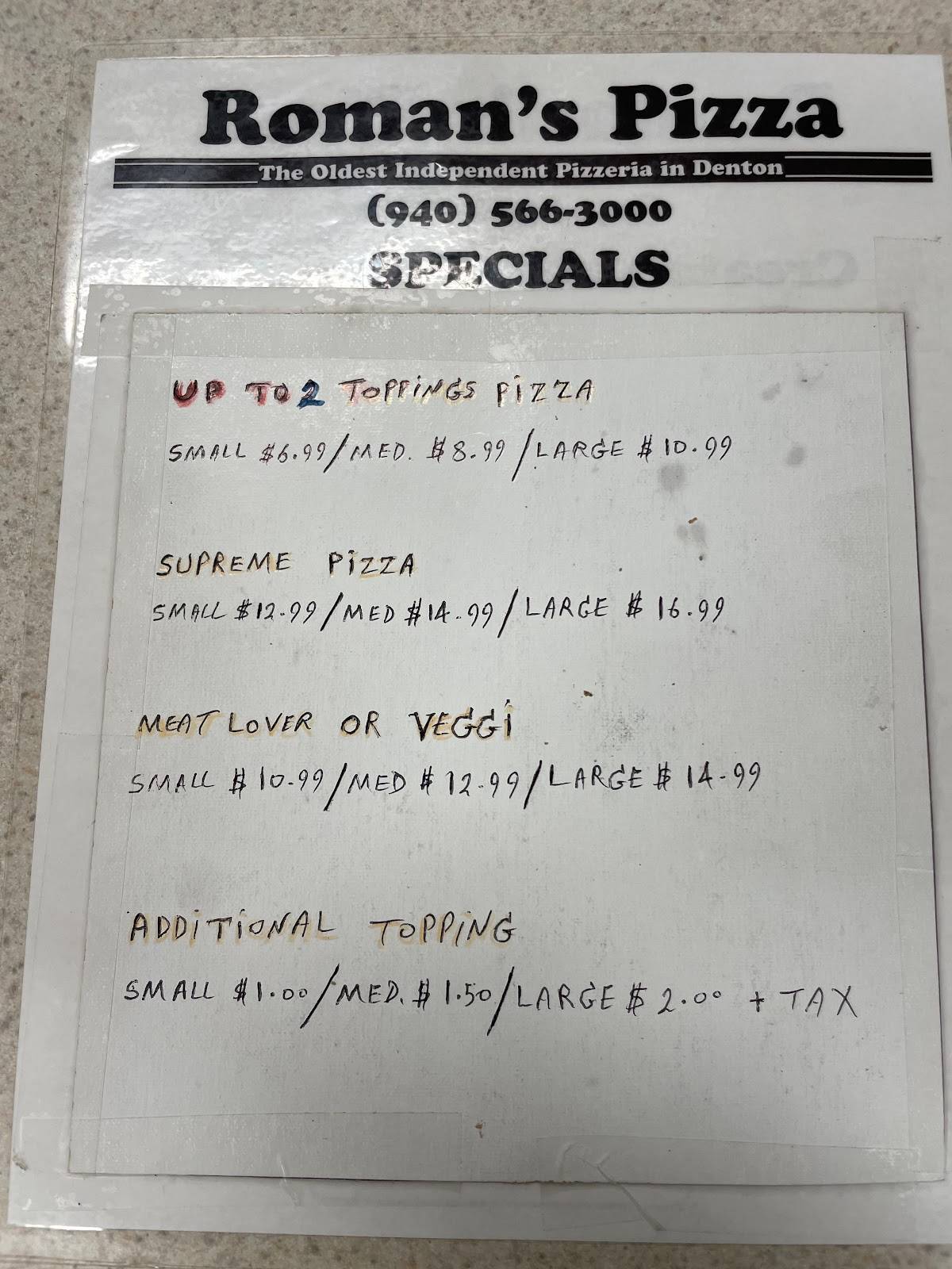 Menu at Roman's Pizza pizzeria, Denton, N Elm St #200