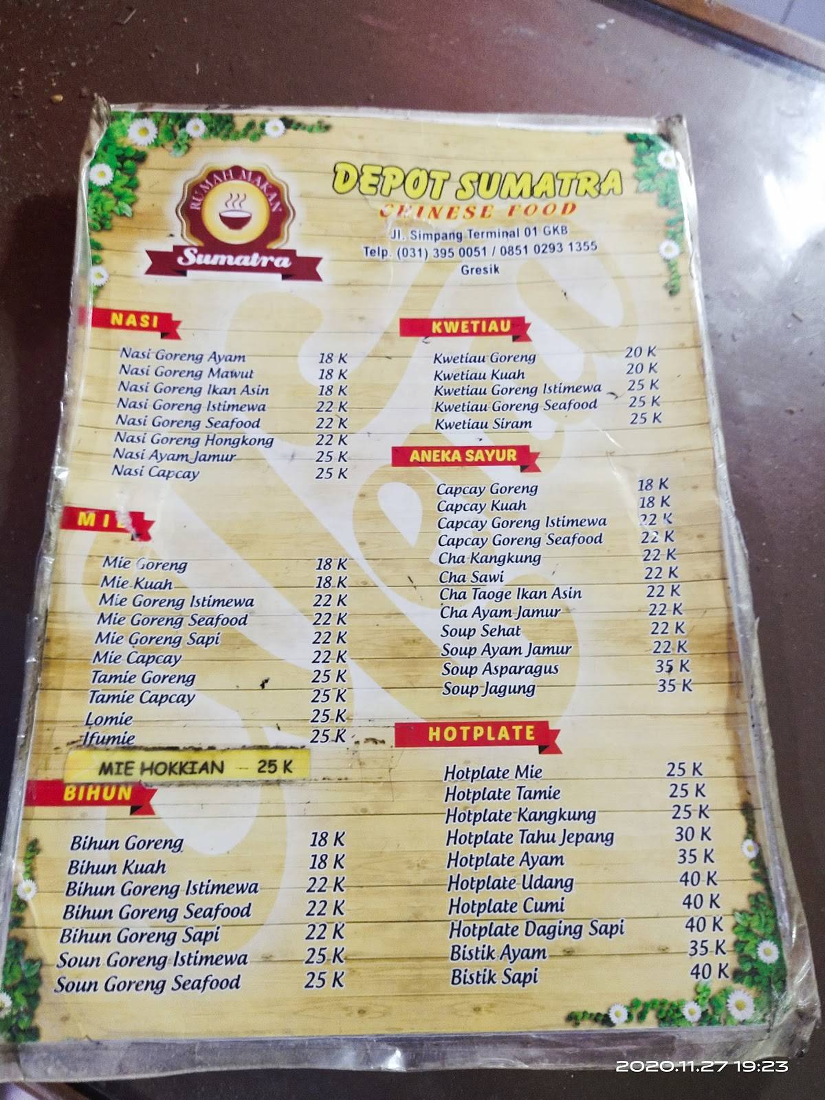 Menu at Depot Sumatra GKB restaurant, Gresik, Sub Terminal