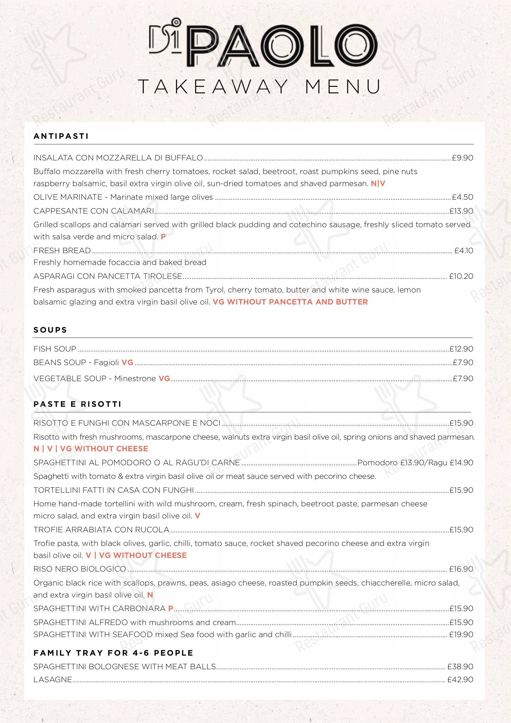 Menu at Di Paolo restaurant, Gerrards Cross