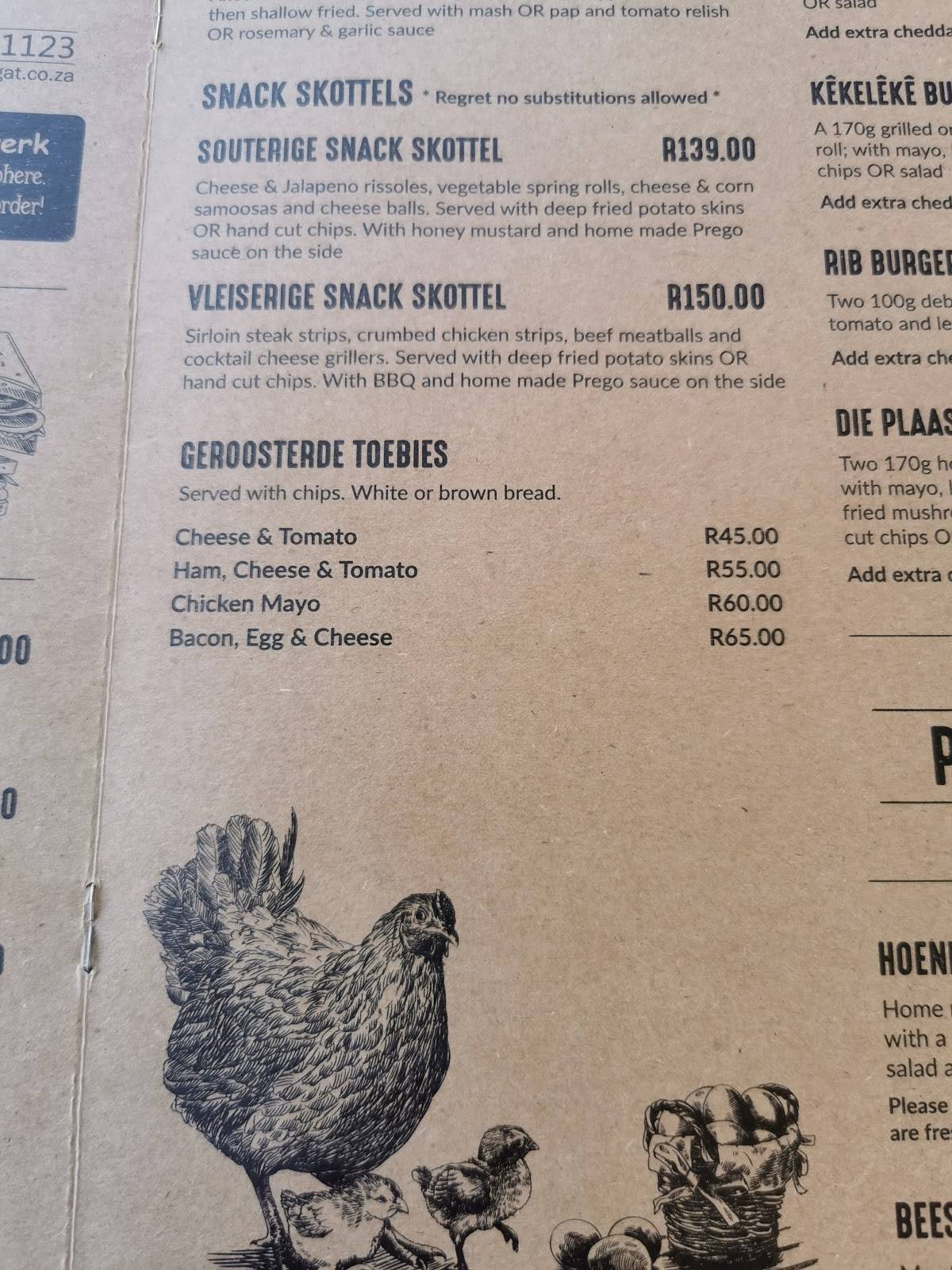 Menu at Die Plaas se Gat Restaurant, Hartbeespoort, Road 4048 R560 ...