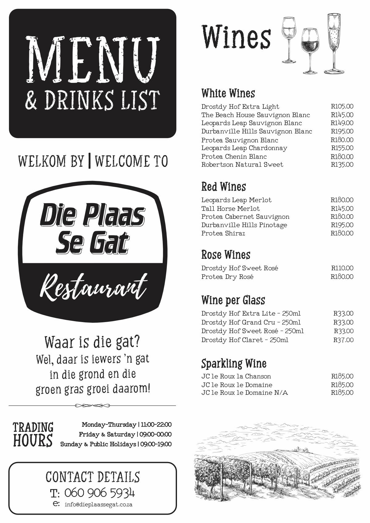 Menu at Die Plaas se Gat Restaurant, Hartbeespoort, Road 4048 R560 ...